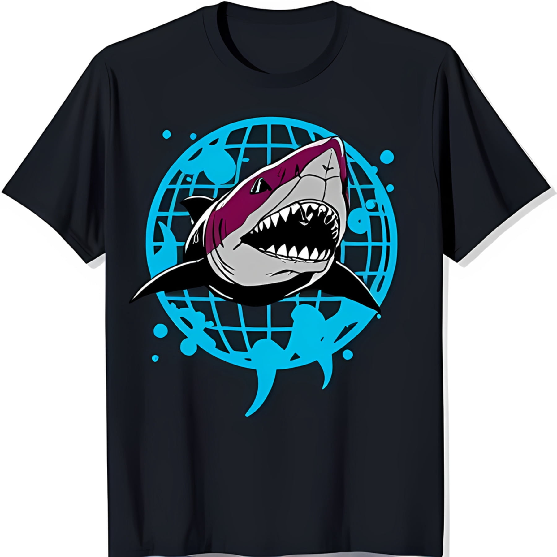 Great White Graphic Black T-Shirt with Globe Design & Blue Splatter ...
