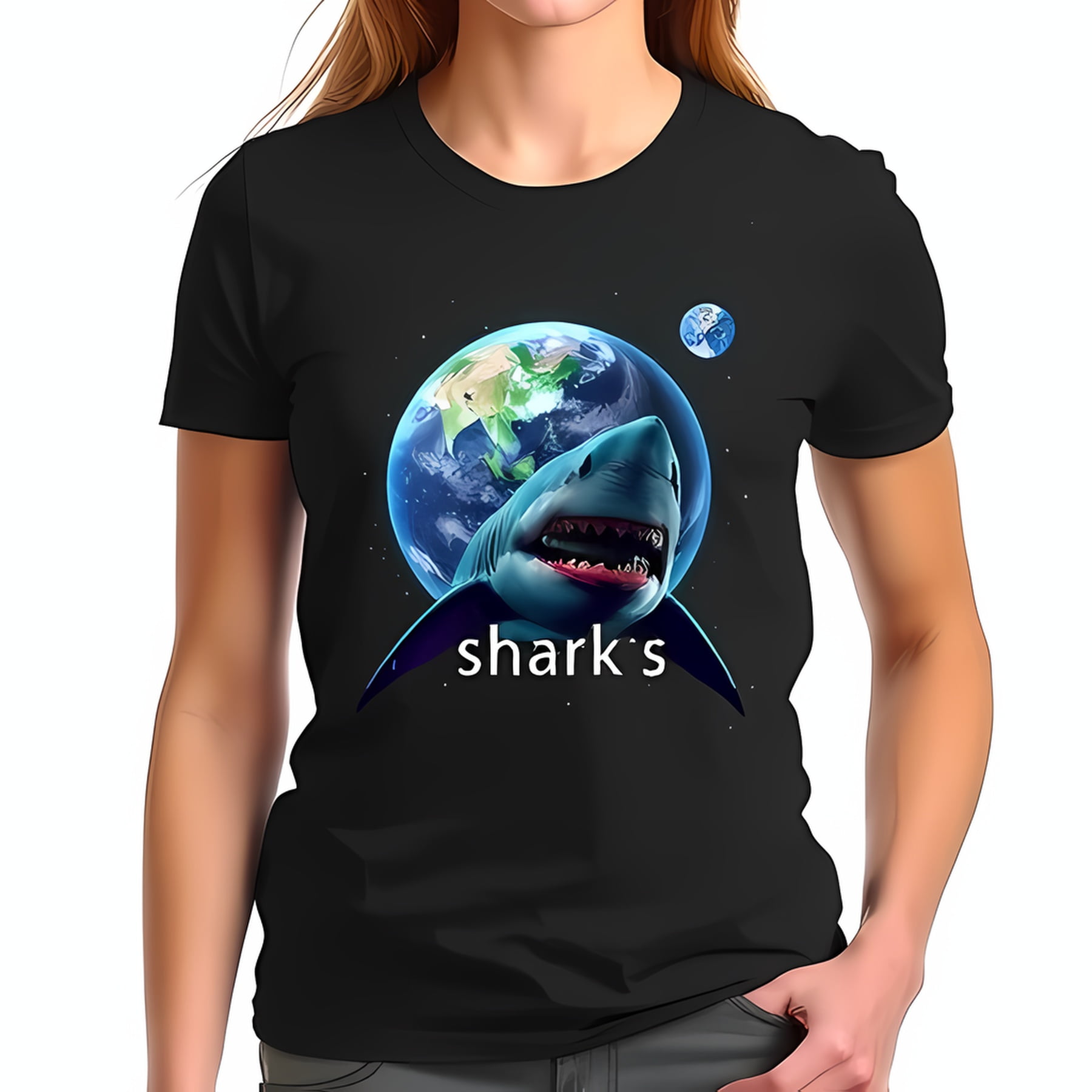 Great White Graphic T-Shirt - Nature & Space Design with Earth & Moon ...