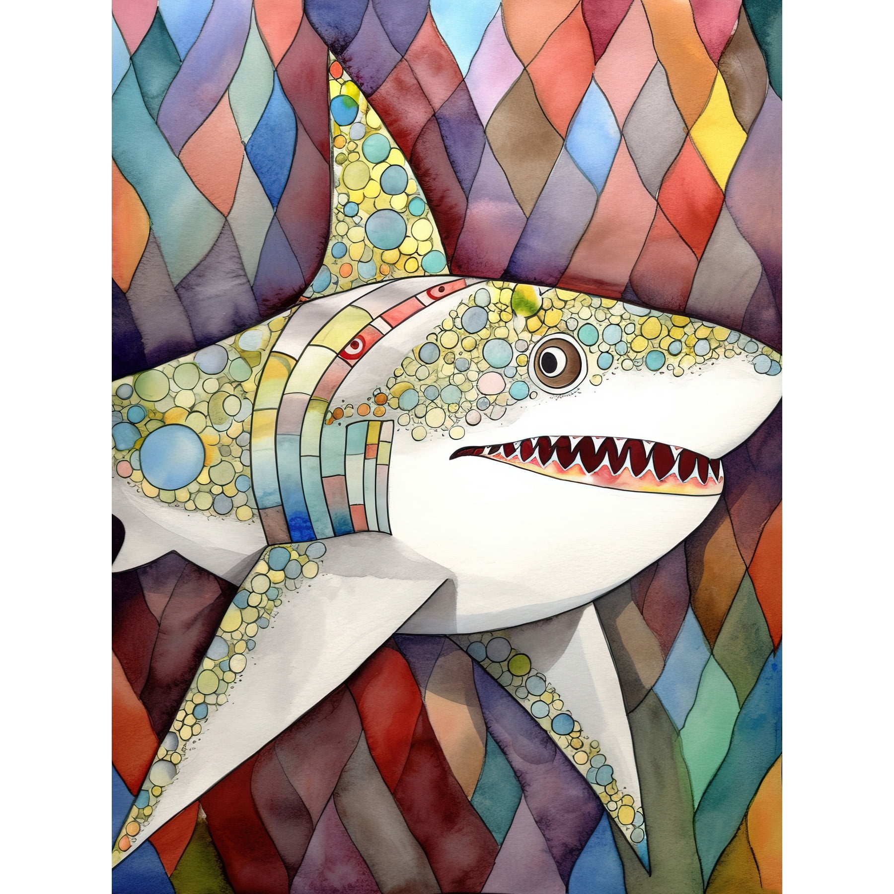 Great White Shark Folk Art Watercolour Painting Extra Large XL Wall Art ...