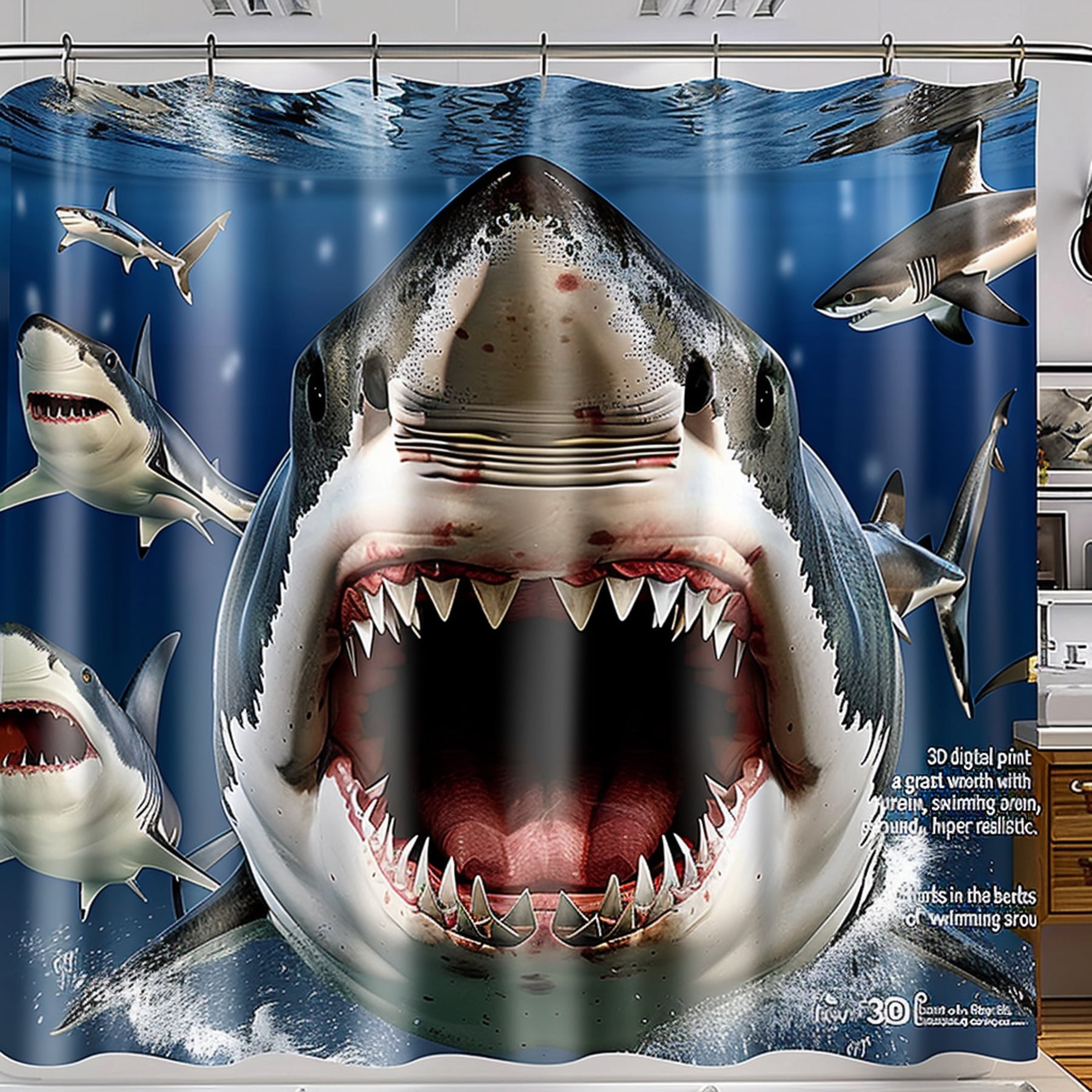 Great White Shark Mouth Shower Curtain Hyper Realistic with Fangs ...