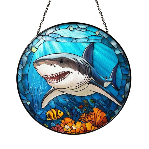 Great White Shark Ocean Scene Stained Glass Suncatcher Window Decor ...