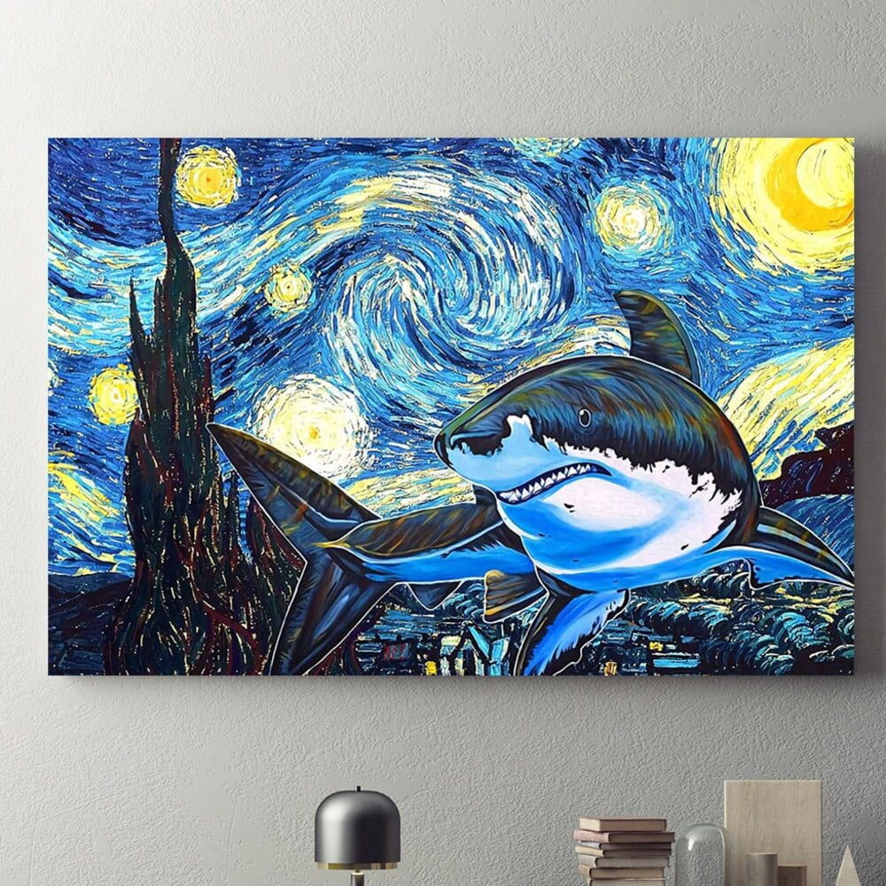 Great White Shark Starry Night Poster, Starry Night Poster, White Shark ...