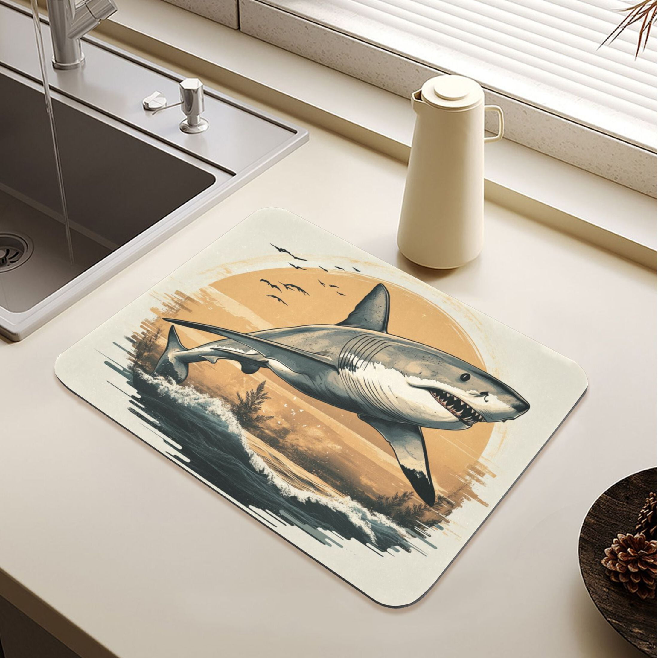 Great White Shark on The Oceans Illustration Drying Mat Diatomaceous ...