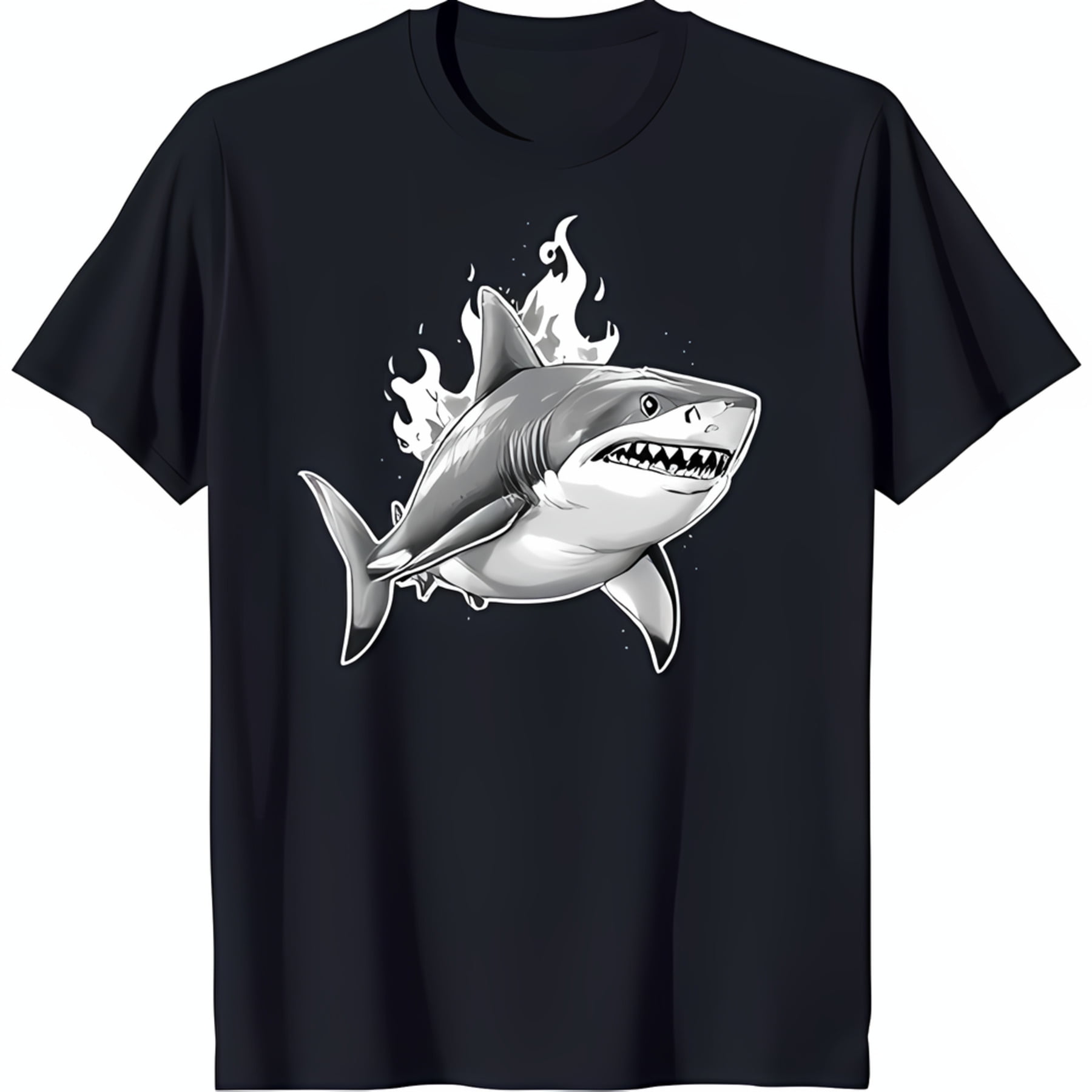 Great White in Flames Graphic Black T-Shirt Bold Inferno Design ...