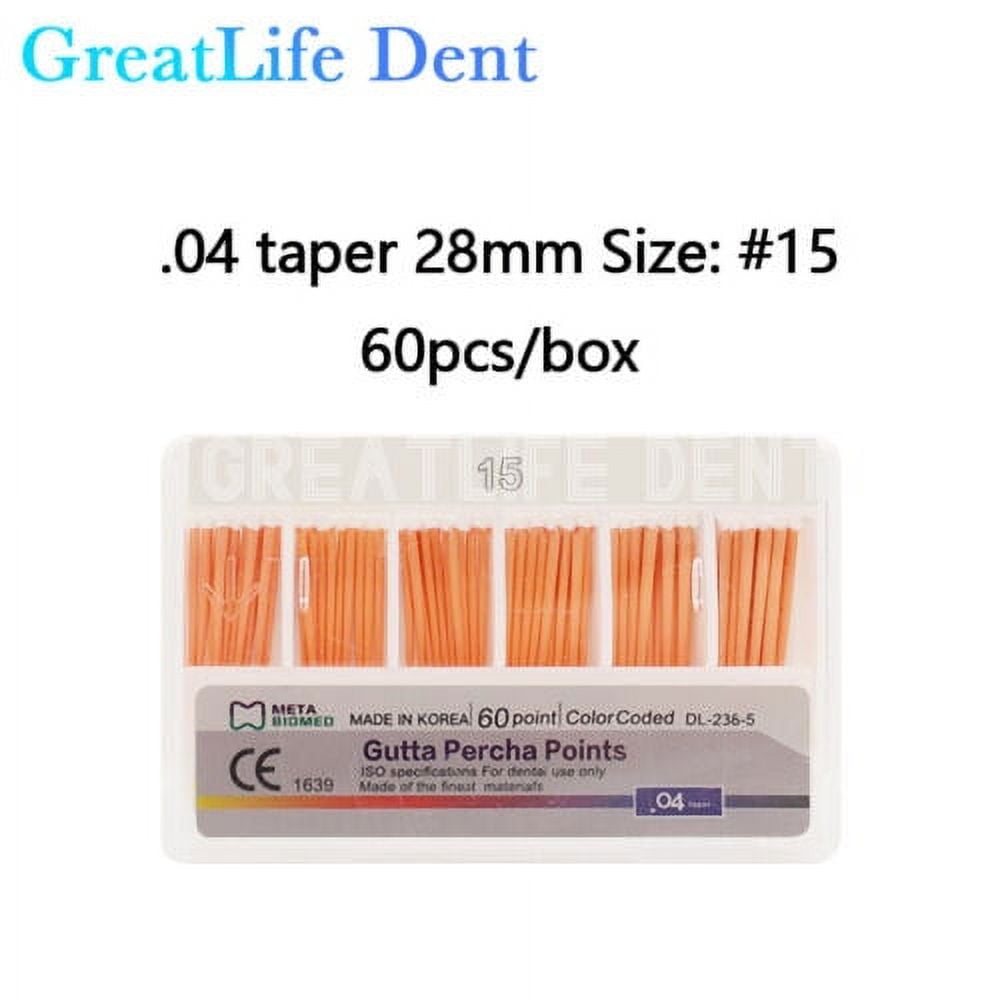 GreatLife Dent Gutta Percha Points 0.02/0.04/0.06/ 15-40 FF Assorted Color Coded Box of 120 Meta ...
