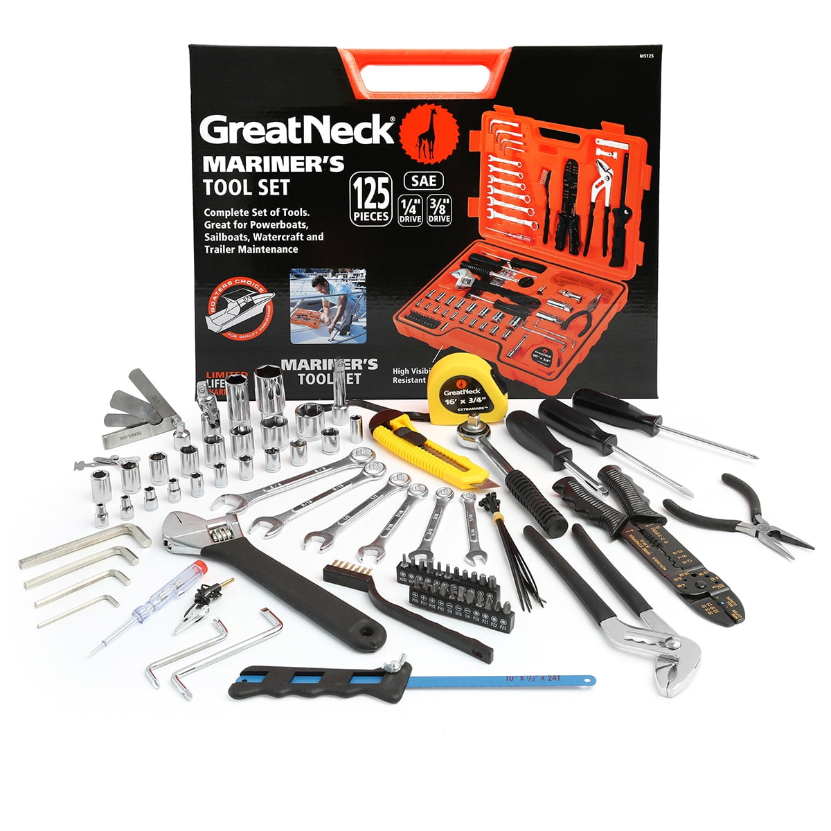 GreatNeck 125 Piece Marine Tool Kit for Boats, Waterproof Case, Chrome ...