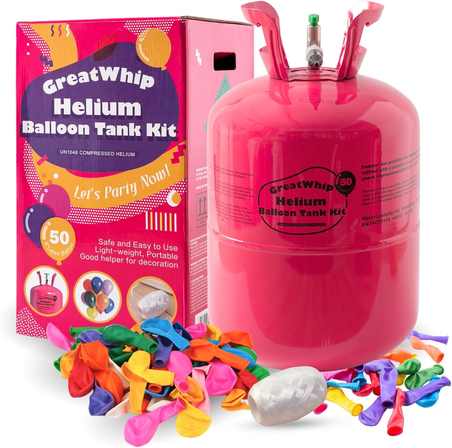 GreatWhip Portable 13L Helium Tank for Inflating up to 50 Latex Balloons, Disposable Gas Balloon ...