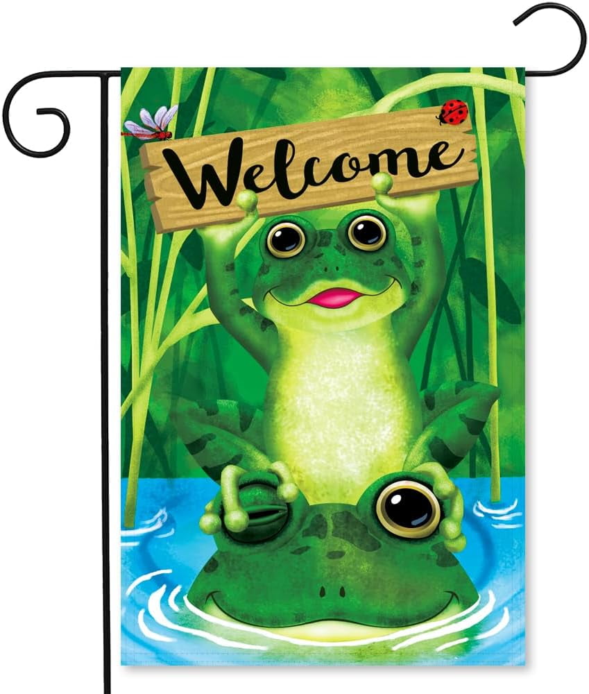 Greater Eye Cute Green Frog Garden Flags Double Sided Vertical Welcome ...