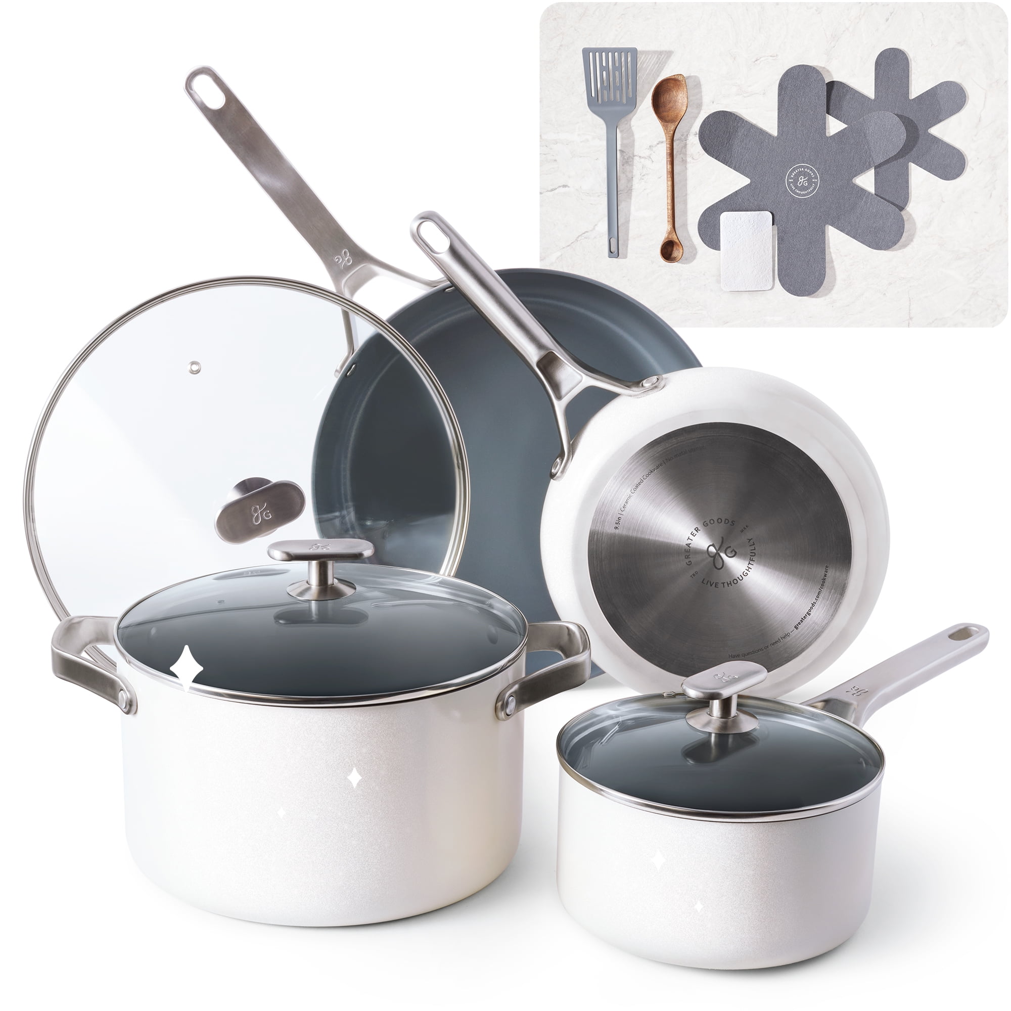 Greater Goods Savvy Ceramic Nonstick Cookware Set, 10 Piece Kit (Birch ...