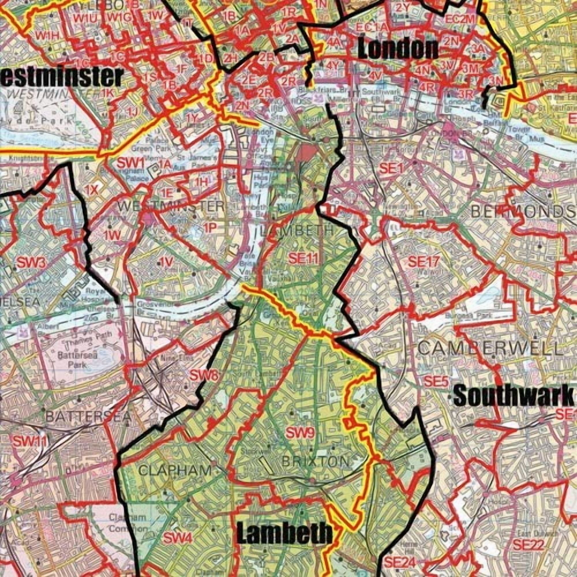 Greater London Authority Boroughs with Postcode Districts Wall Map - 47 ...