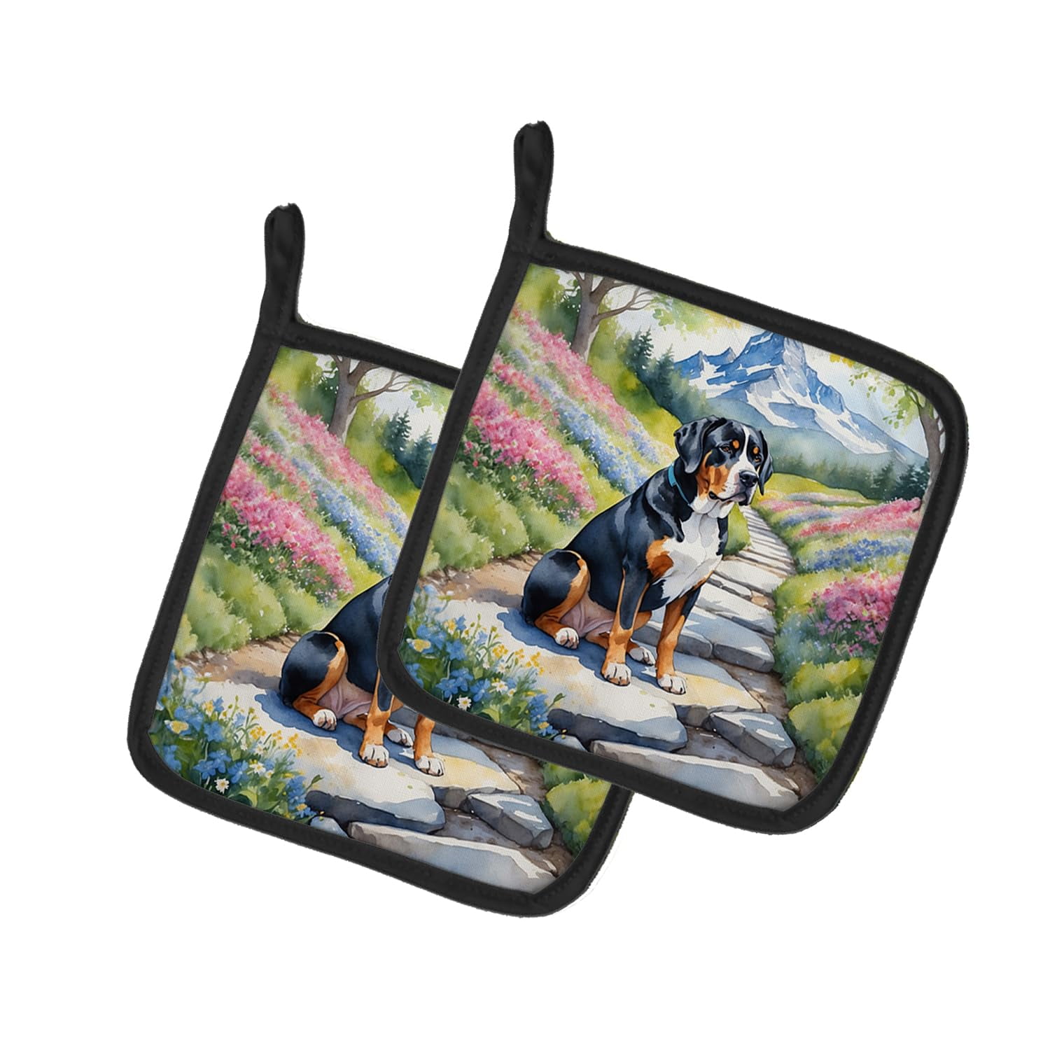 Greater Swiss Mountain Dog Spring Path Pair of Pot Holders 7.5 in x 7.5 ...