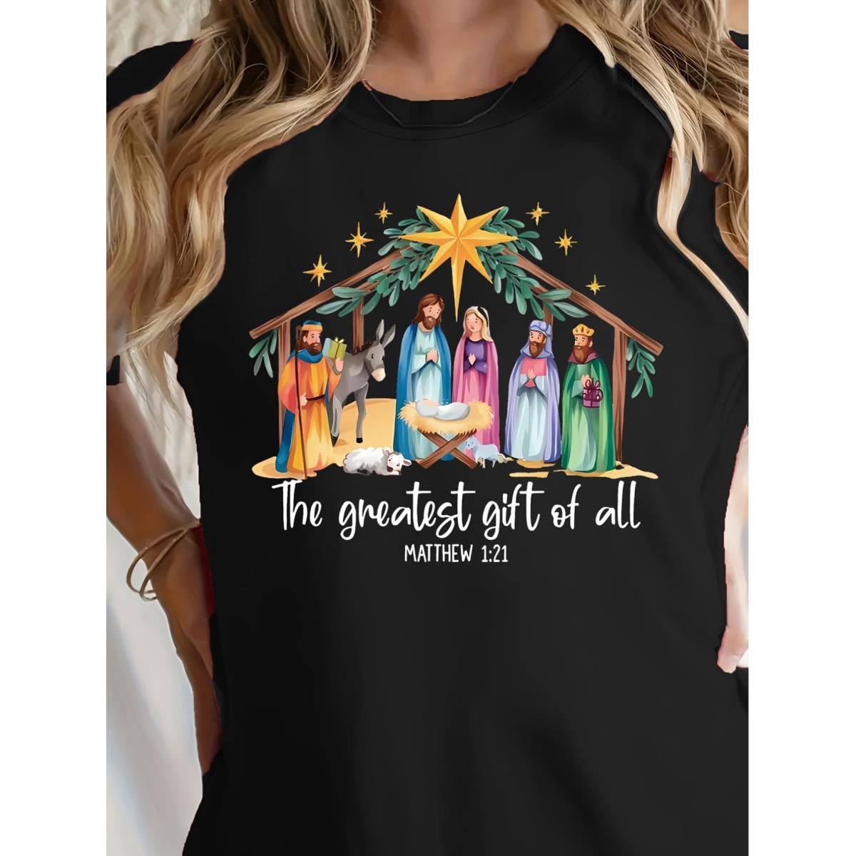 Greatest Gift of All" Nativity Scene Graphic Tee - Soft Blend, Casual ...