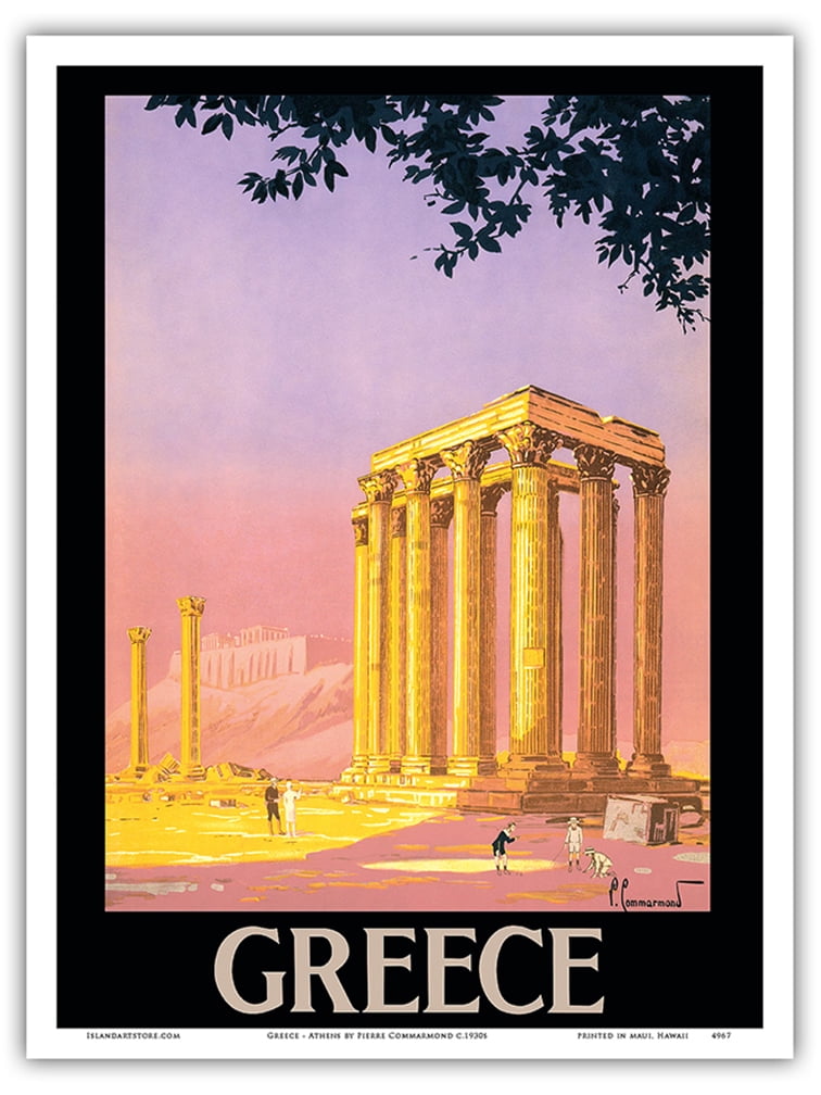 Greece - Ancient Temple of Zeus - Athens Greece - Vintage Travel Poster ...