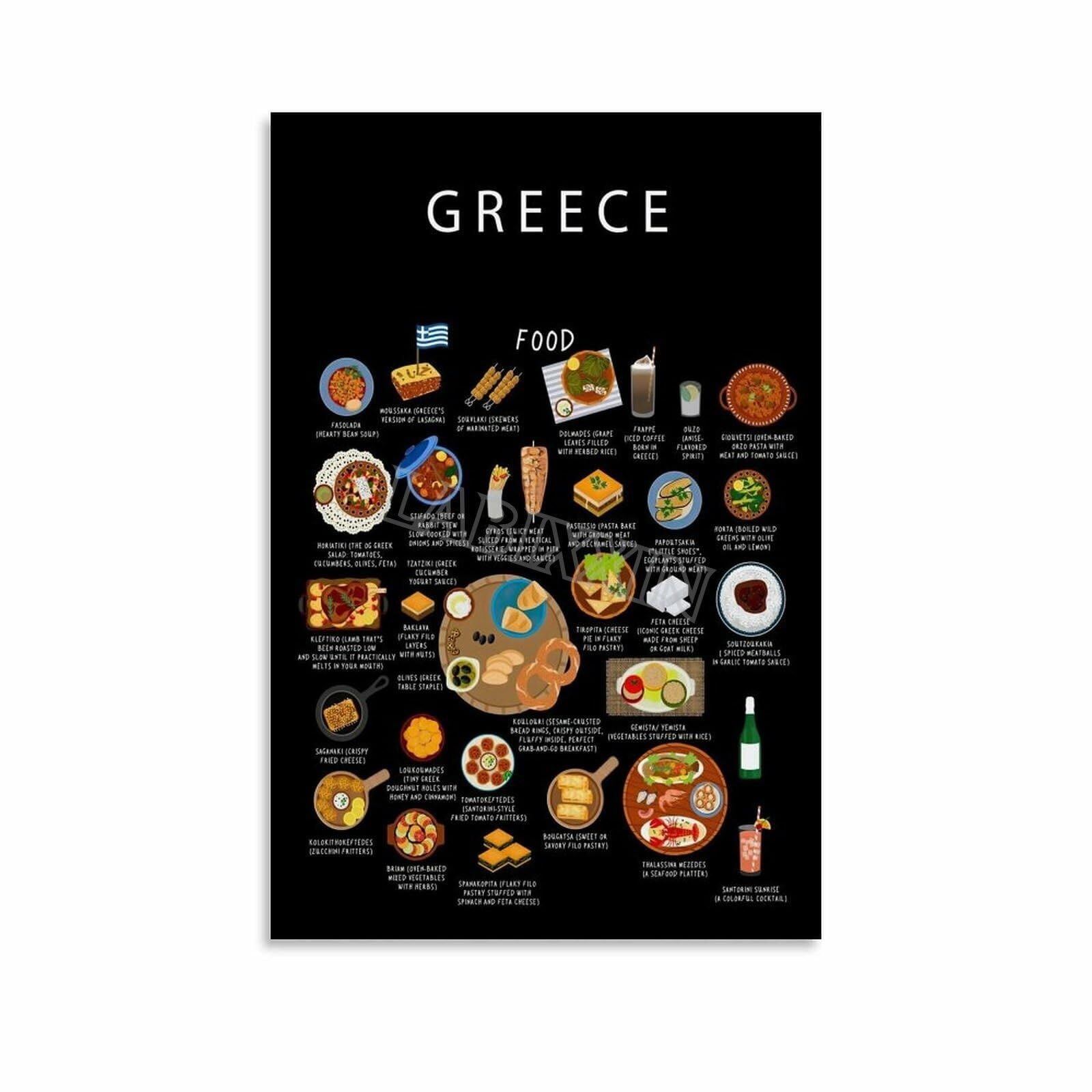 Greece Food Poster Greek Street Cuisine European Kitchen Wall Art ...
