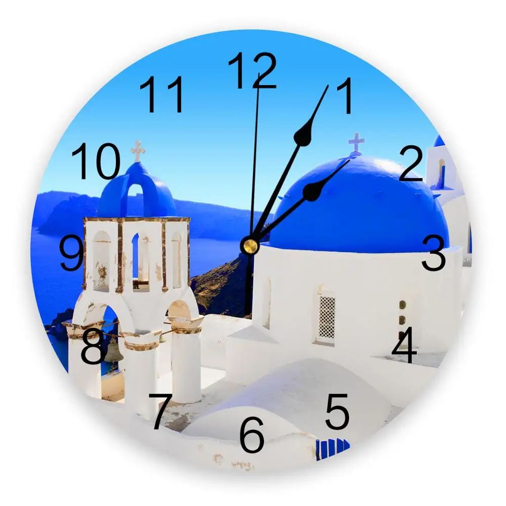 Greece Santorini Blue Roof Church Wall Clock Modern Design Clocks Wall ...