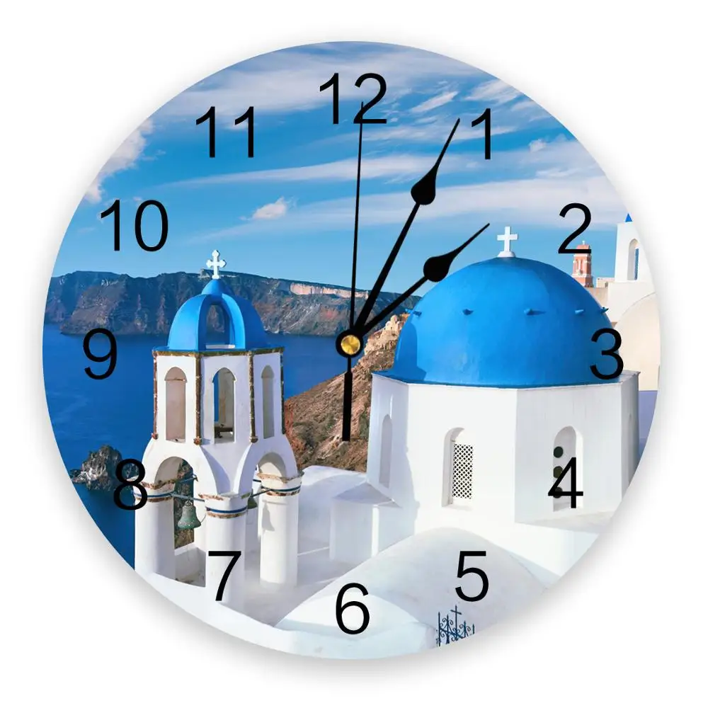 Greece Santorini Blue Roof Church Wall Clock Modern Design Clocks Wall ...