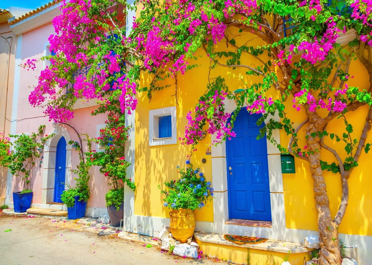 Greece Town Street Photography Backdrop Colorful Houses Blooming ...
