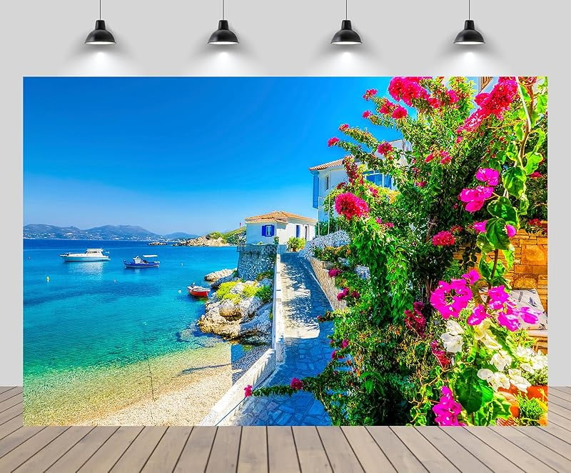 Greece Village Backdrop Greek Island Spring Beach Seaside Harbor ...