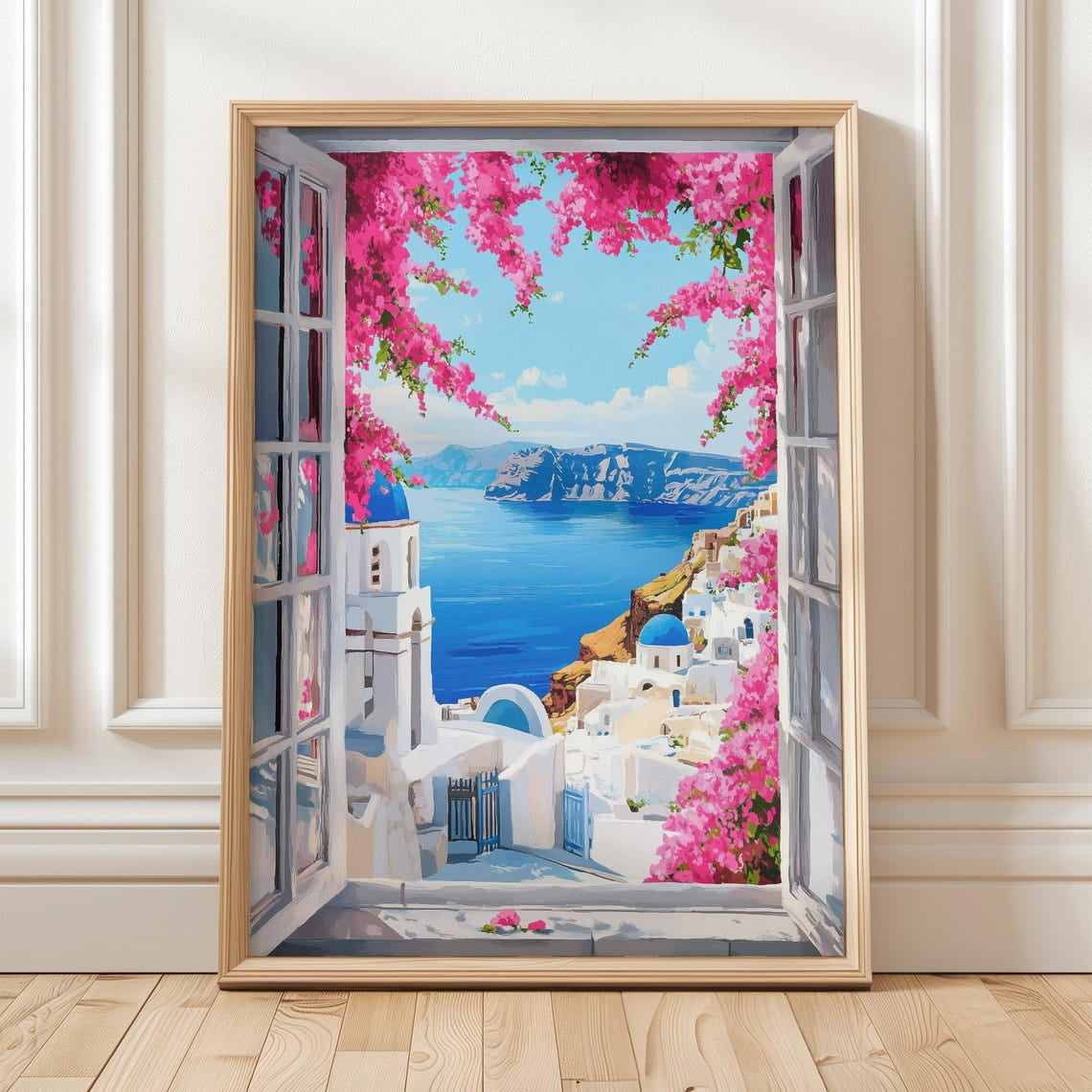 Greece Window View Print Santorini Wall Art Pink Flowers Sea Coast ...