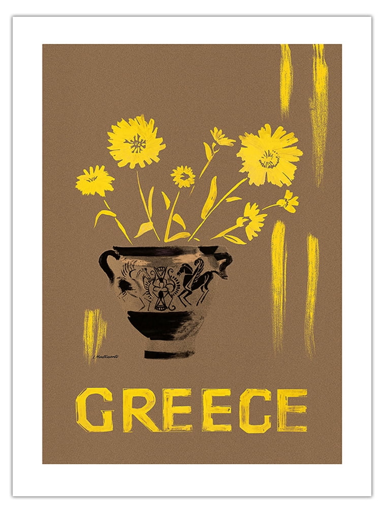 Greece - Yellow Daisy (Marguerite) Flowers In Grecian Urn - Vintage ...