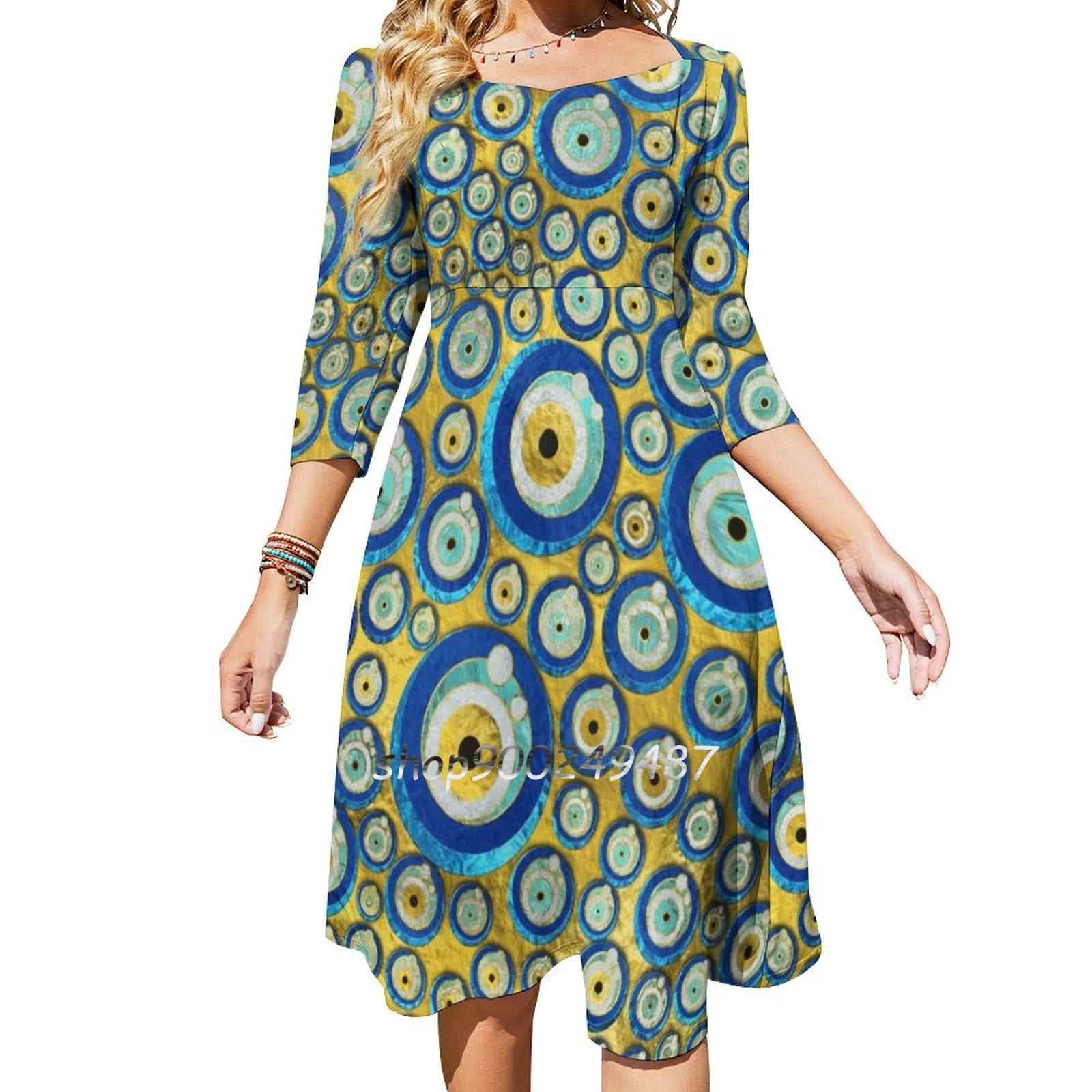 Greek Blue Glass Evil Eye Amulet Pattern Square Neck Dress Sweet Summer ...