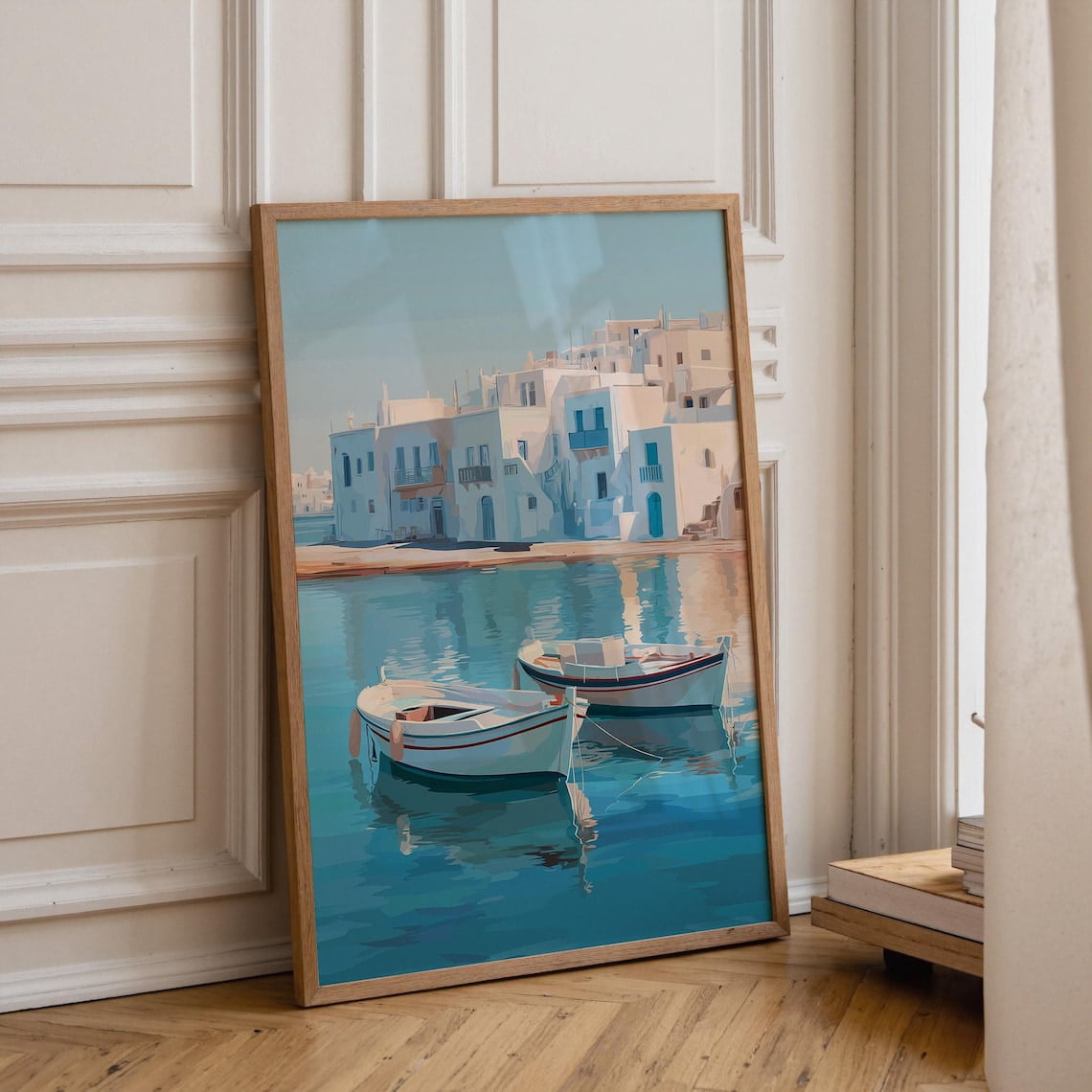 Greek Coastal Mediterranean Boat Santorini Blue Ocean Graphic Poster ...