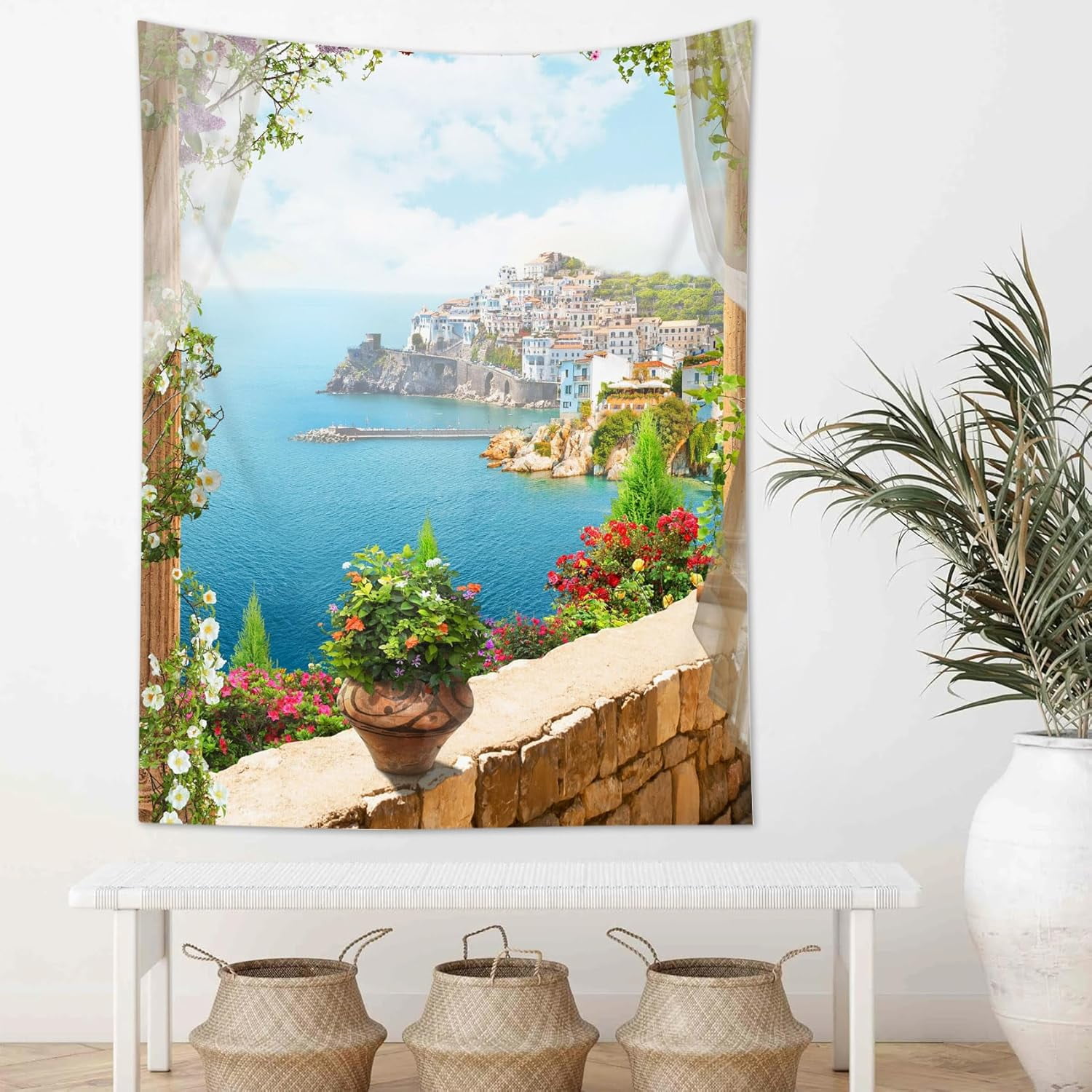 Greek Coastal Tapestry Blue Ocean Green Pland Red Floral Wall Tapestry ...