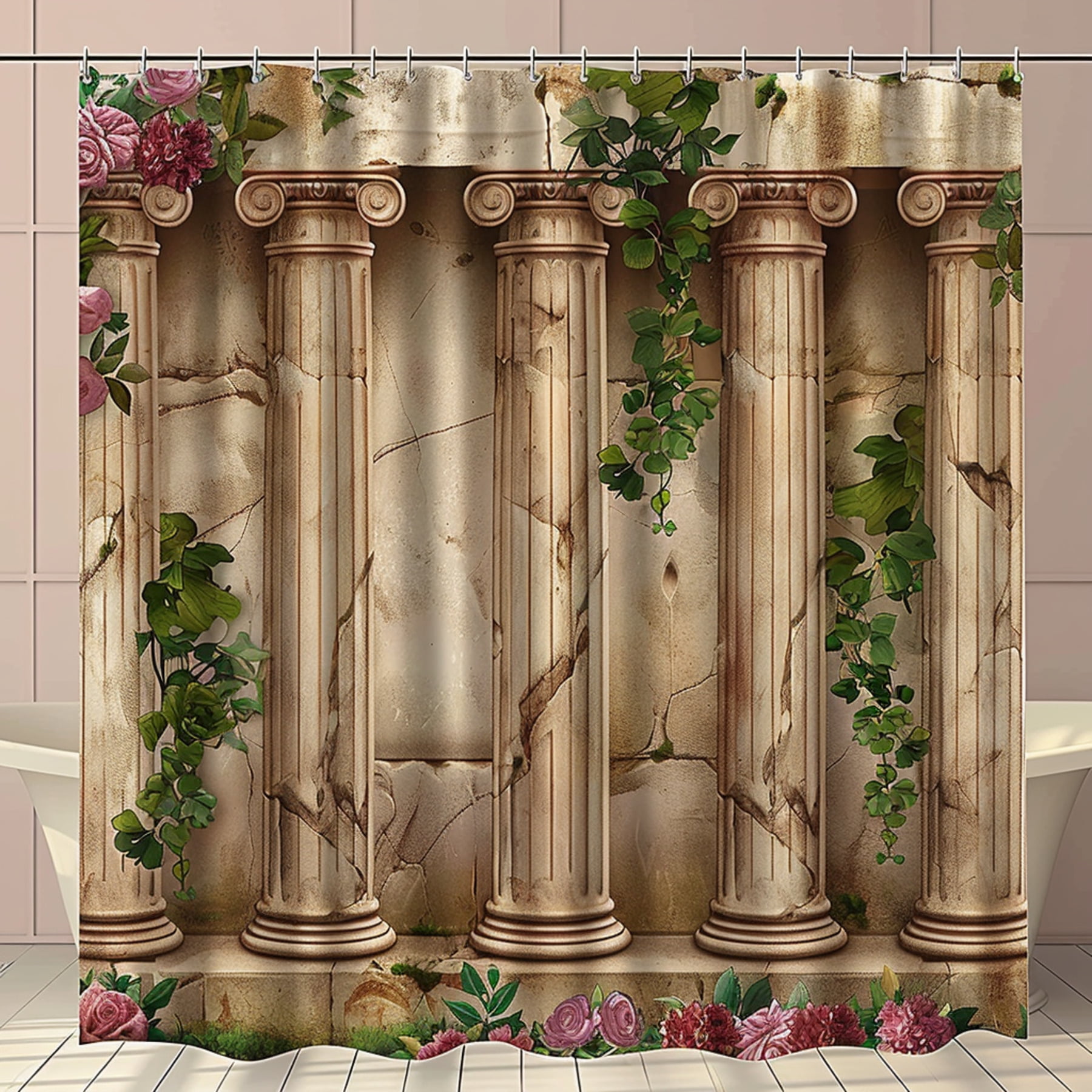 Greek Columns Ivy Flowers Bathroom Curtain Ultra High Res Detailed ...