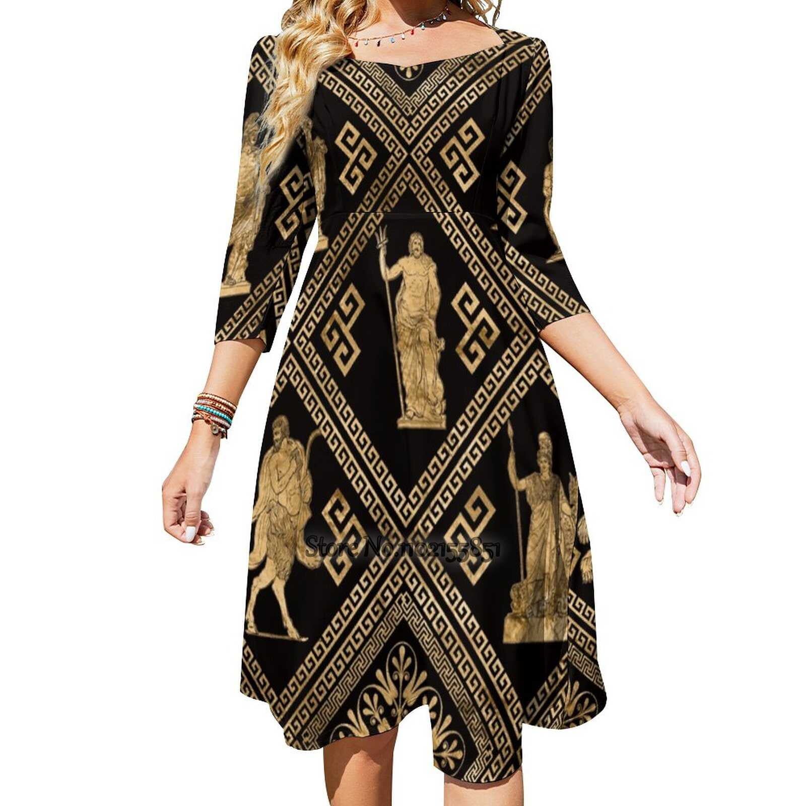 Greek Deities And Meander Key Ornament Square Neck Dress Summer Dress ...
