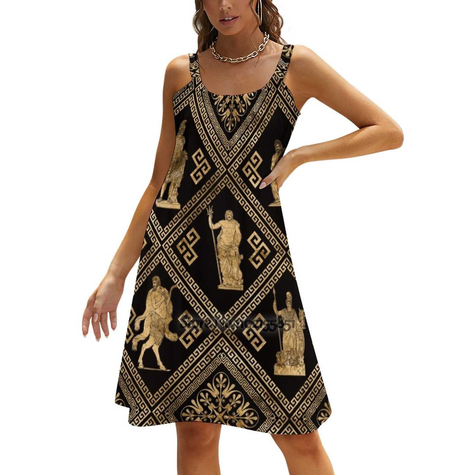 Greek Deities And Meander Key Ornament Square Neck Dress Summer Dress ...