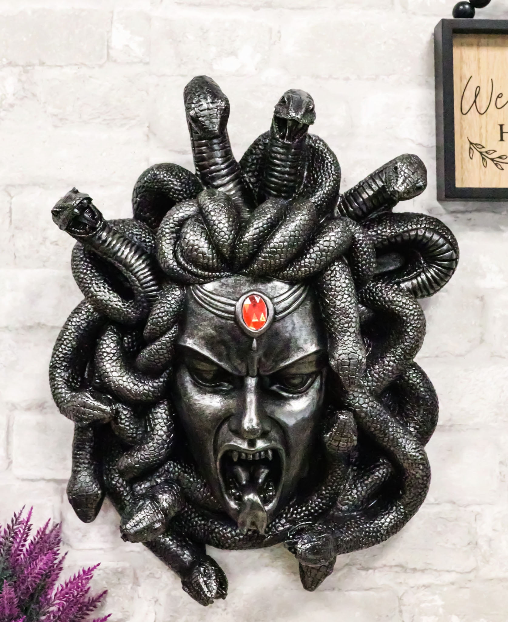 Greek Gorgon Goddess Medusa Head With Hair of Snakes And Red Gem Wall ...
