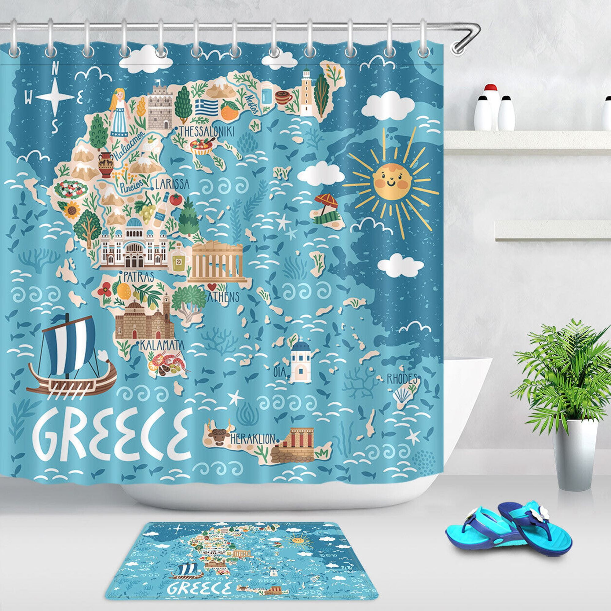 Greek-Inspired Shower Curtain Set with Chic Hooks for a Stylish ...