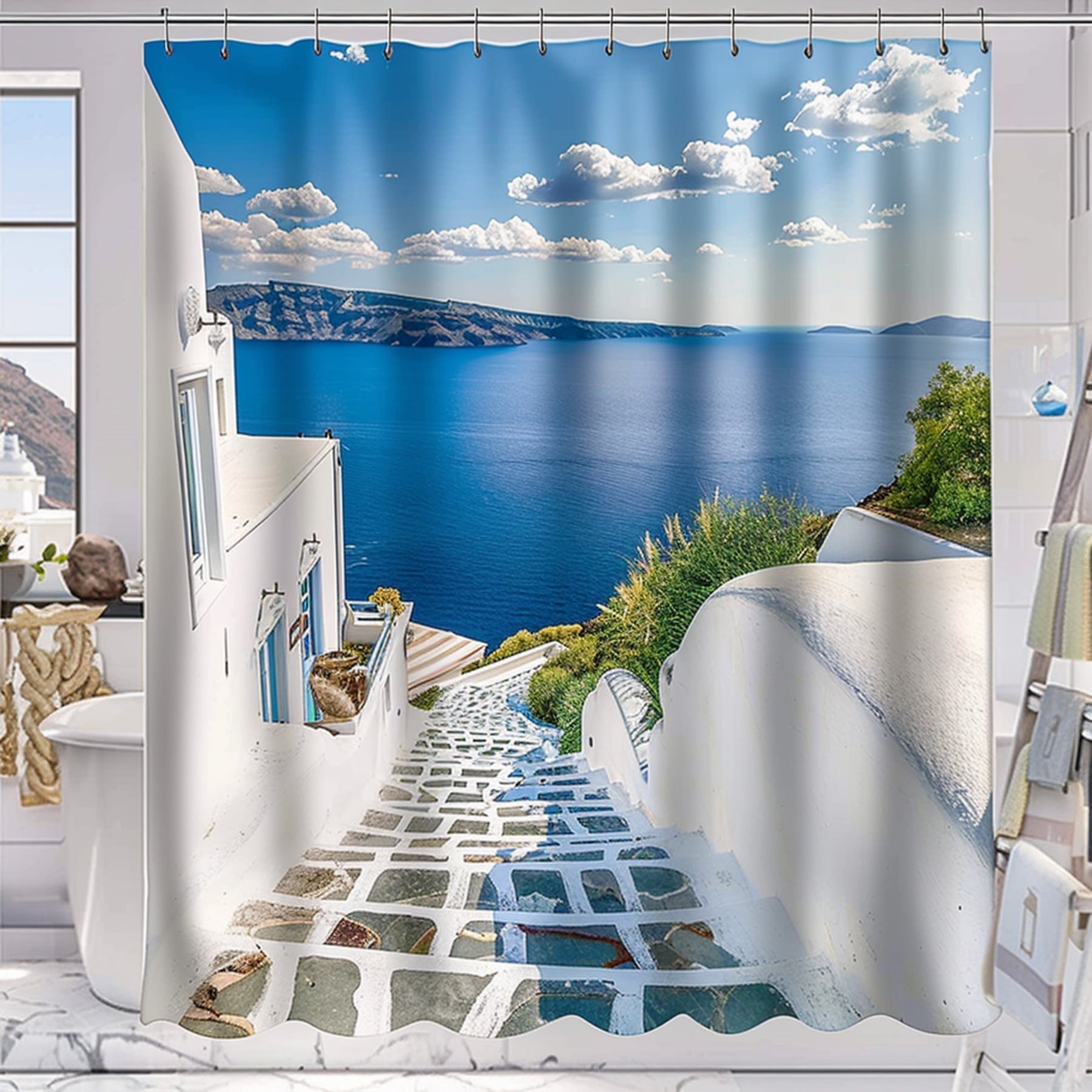 Greek Island Paradise Shower CurtainOcean Stairs & White BuildingsPhoto ...