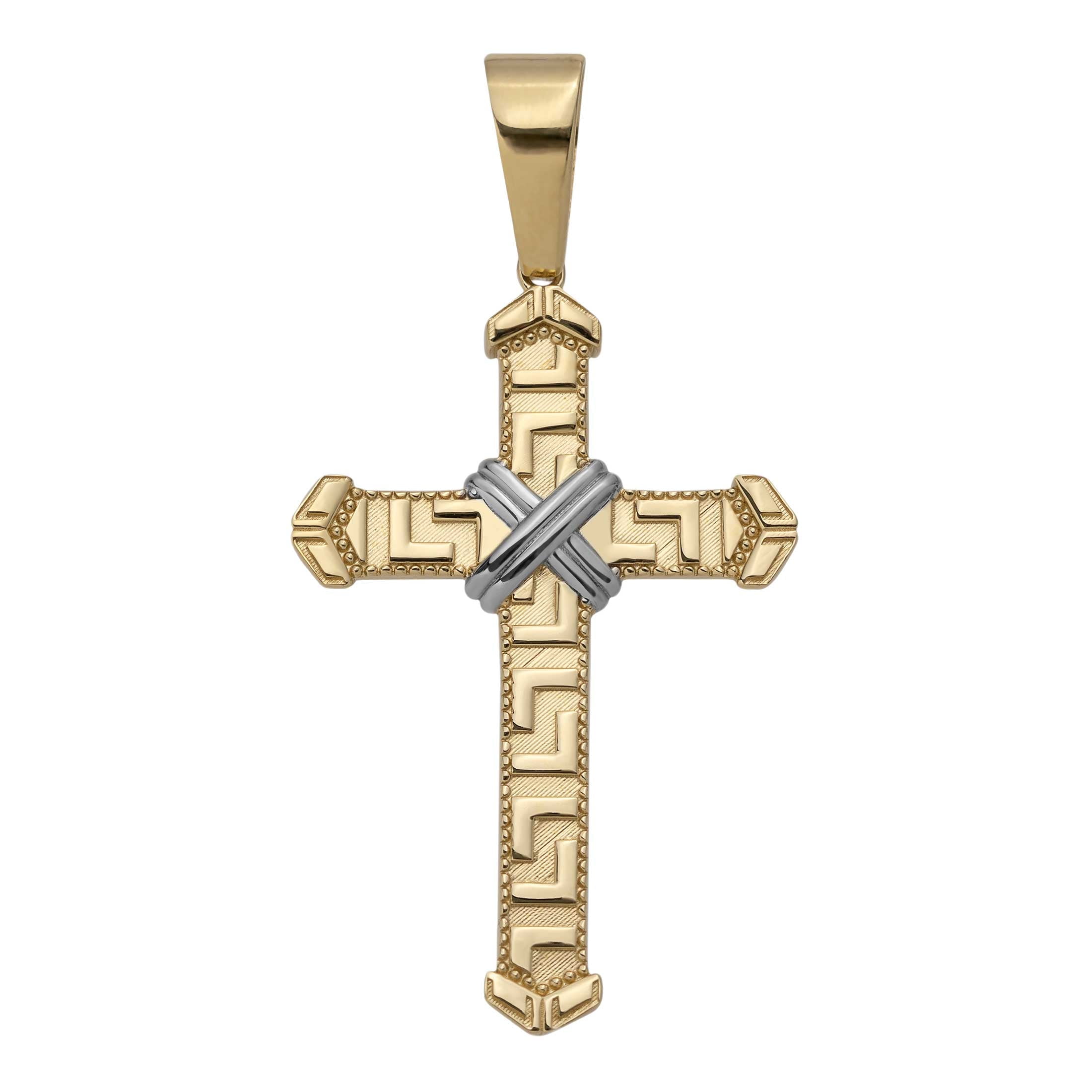 Greek Key Design Byzantine Cross Pendant 14K Yellow White Gold ...