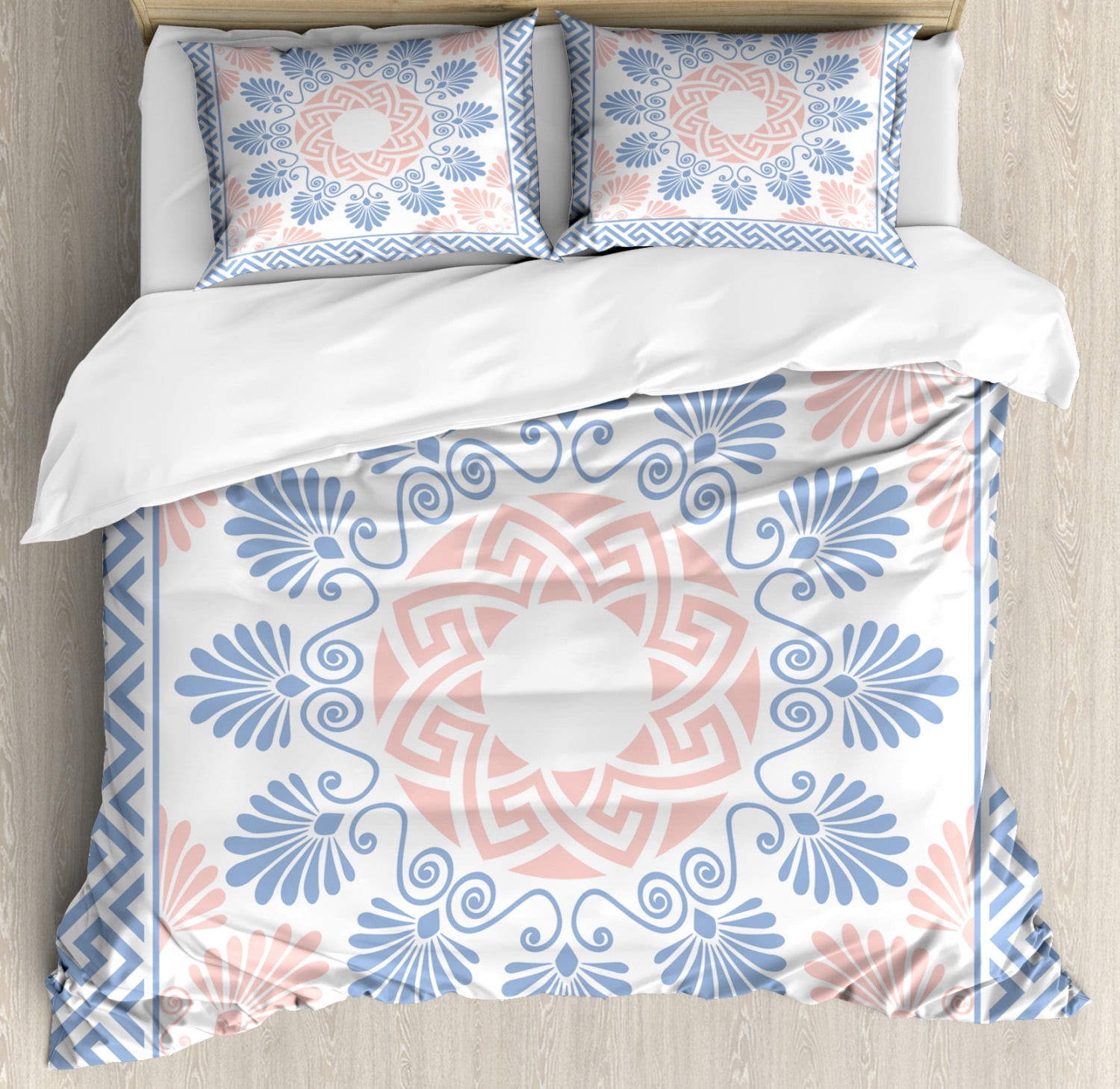 Greek Key Duvet Cover Set Queen Size, Pastel Pink White and Blue Round ...