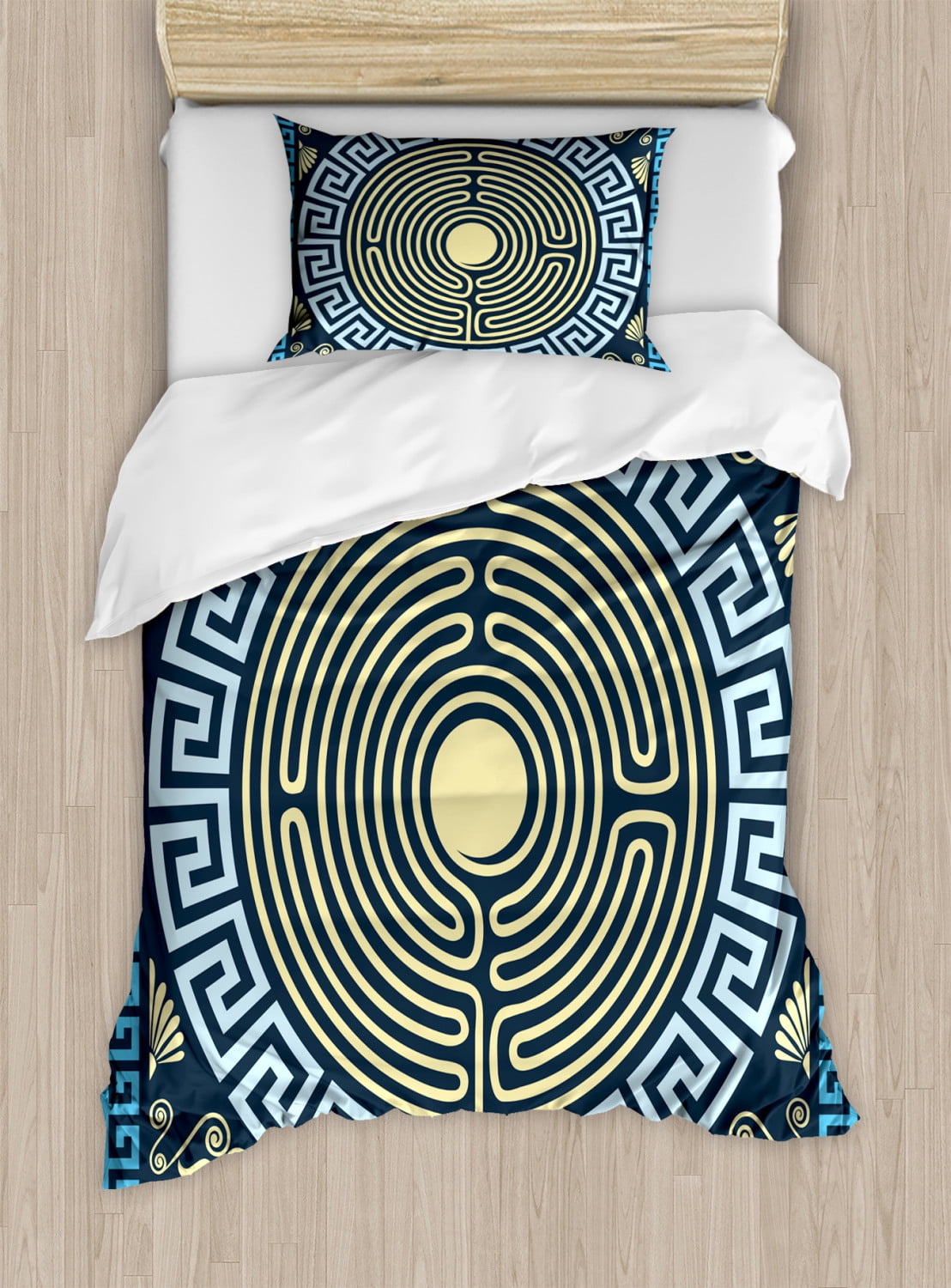 Greek Key Duvet Cover Set Twin Size, Yellow and Blue Labyrinth Pattern ...