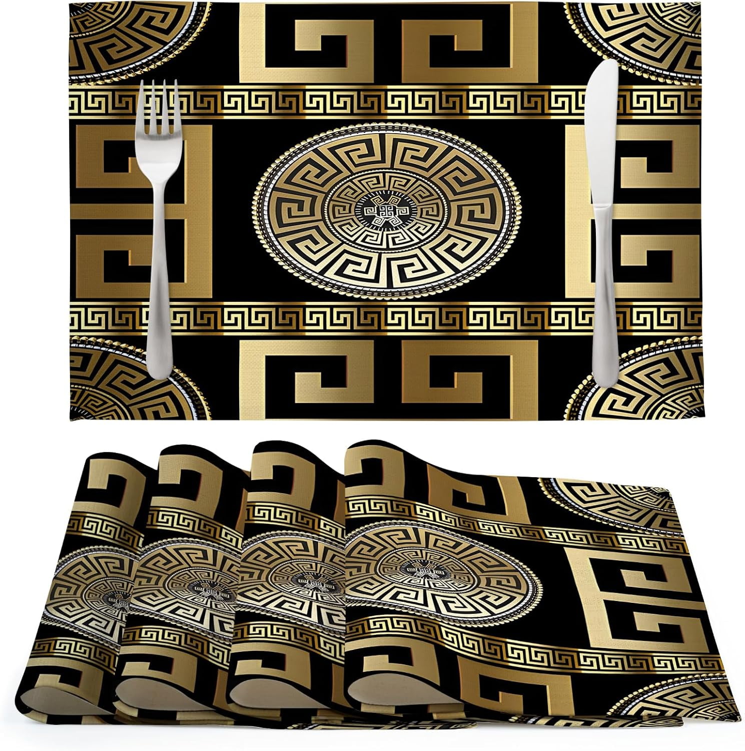 Greek Key Meander Black Gold Placemats Set of 4, 12x18 Inch Geometric ...