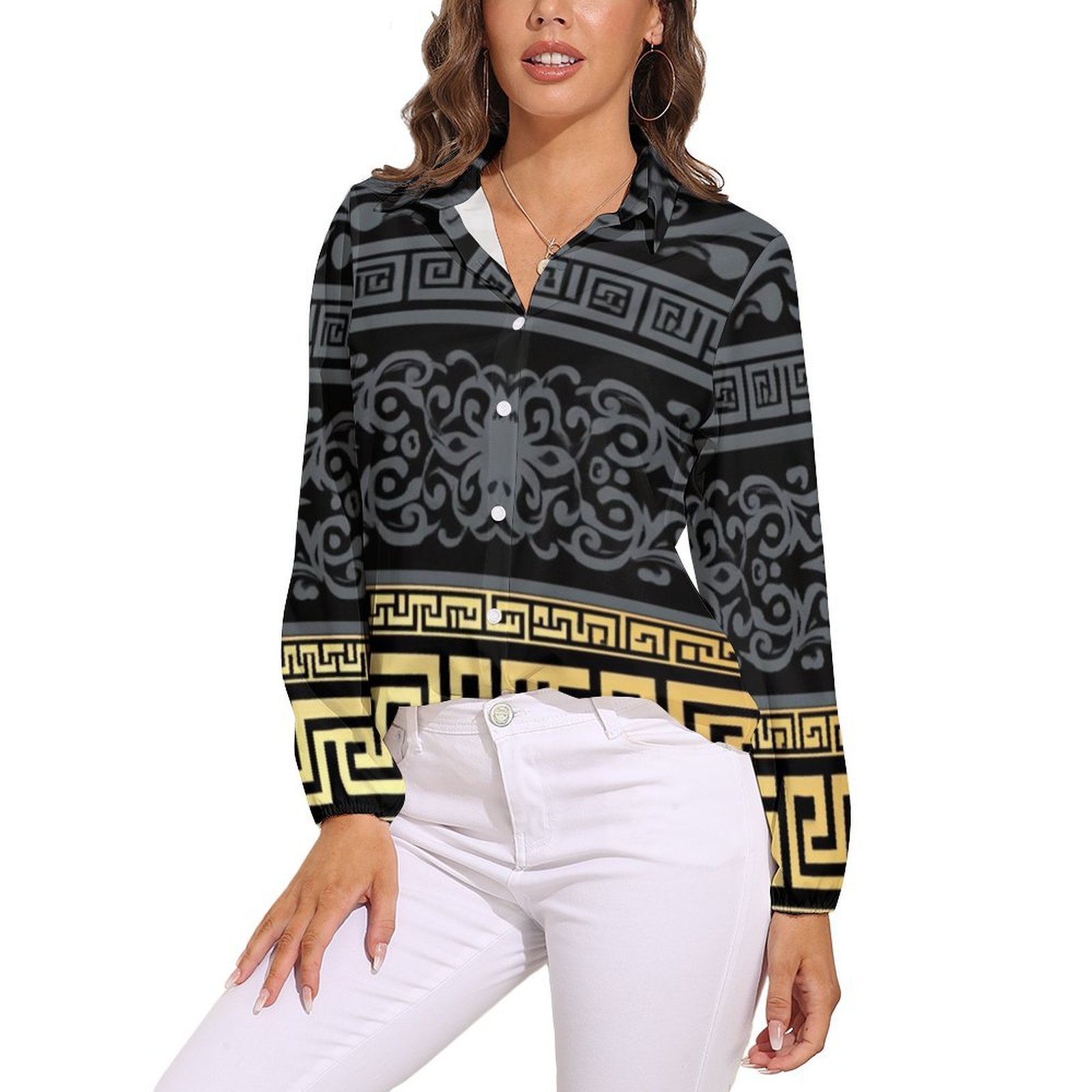 Greek Key Ornate Black & Gold-2 Vntage Casual Long Sleeve Shirt Blouse ...