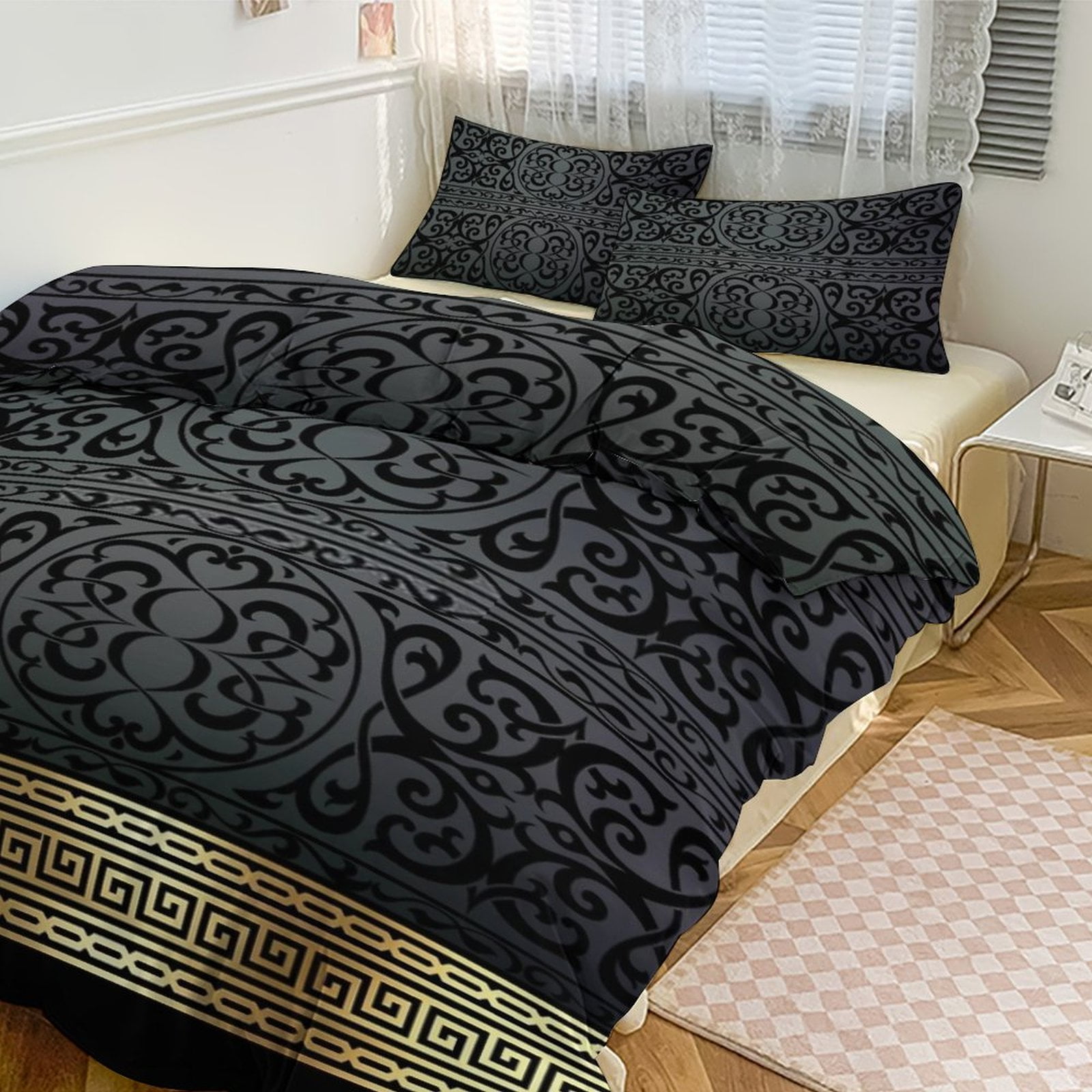 Greek Key Ornate Black & Gold 79"x90" 3 Pcs Soft Bedding Set Includes 1 ...