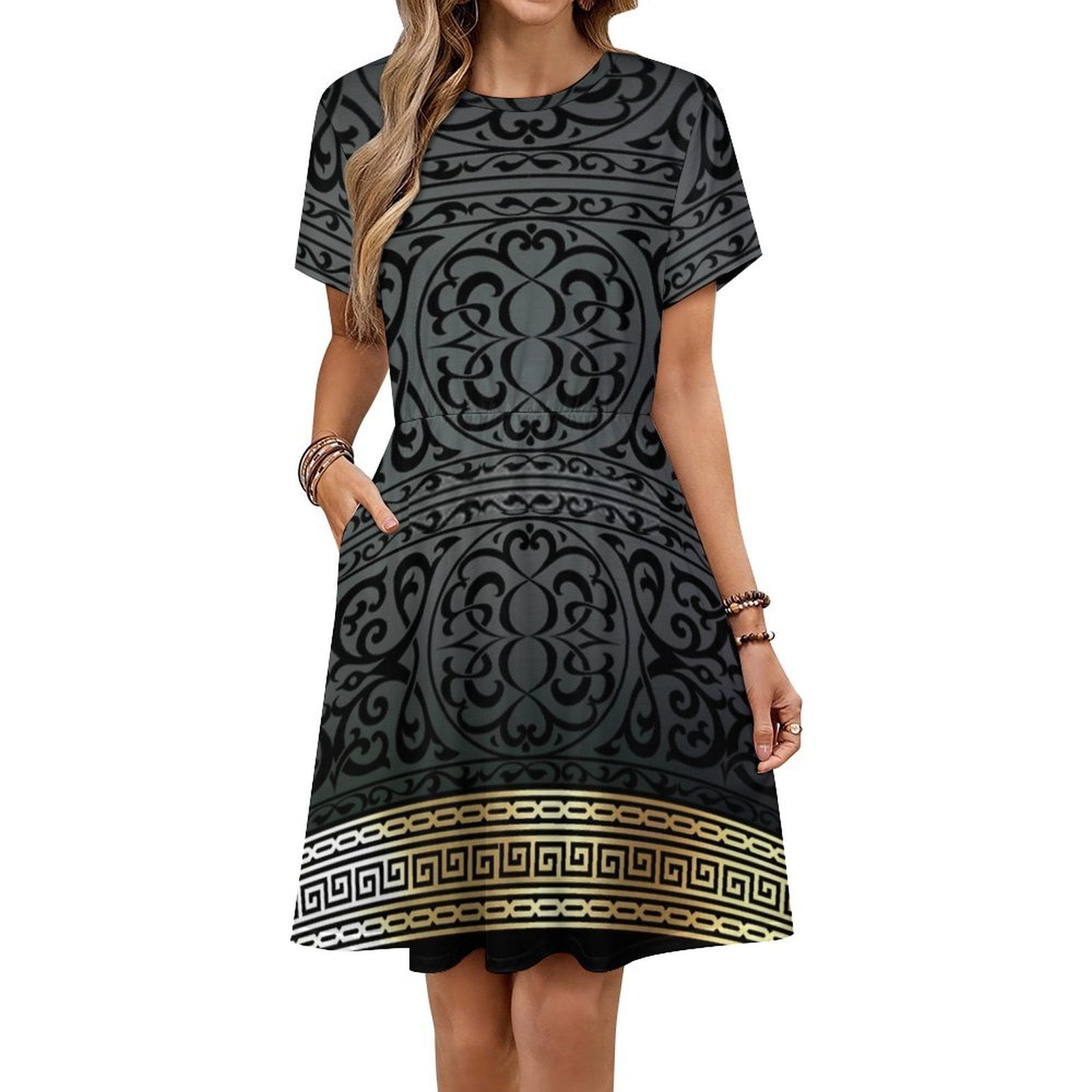 Greek Key Ornate Black & Gold Dress Summer Street Style Dresses Female ...