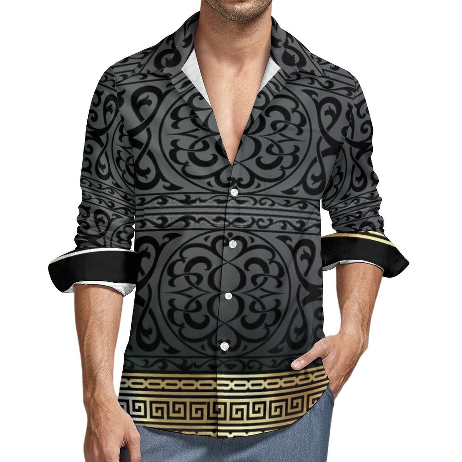 Greek Key Ornate Black & Gold Hawaiian Shirt for Men Long Sleeve Button ...