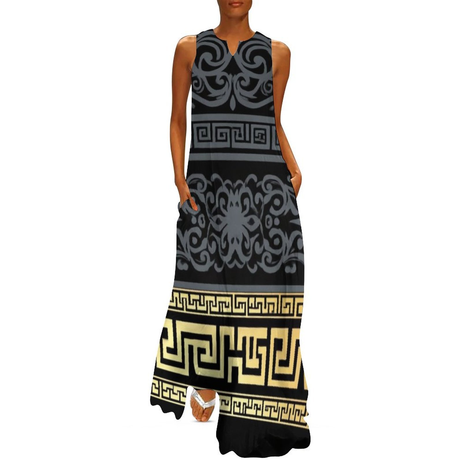 Greek Key Ornate Black & Gold Long Dress Women's summer dress women's ...