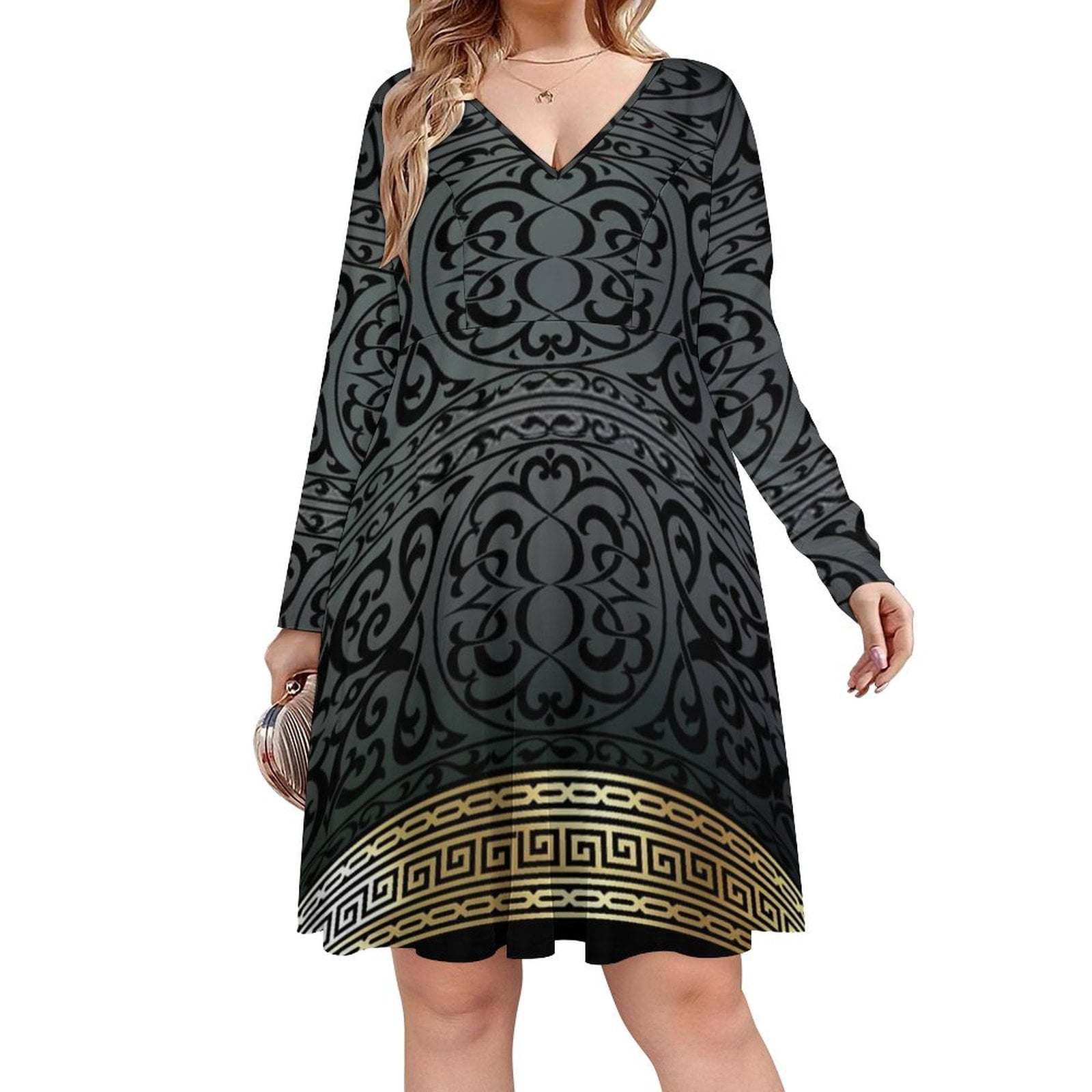 Greek Key Ornate Black & Gold Long Sleeve Dresses For Women Vintage ...