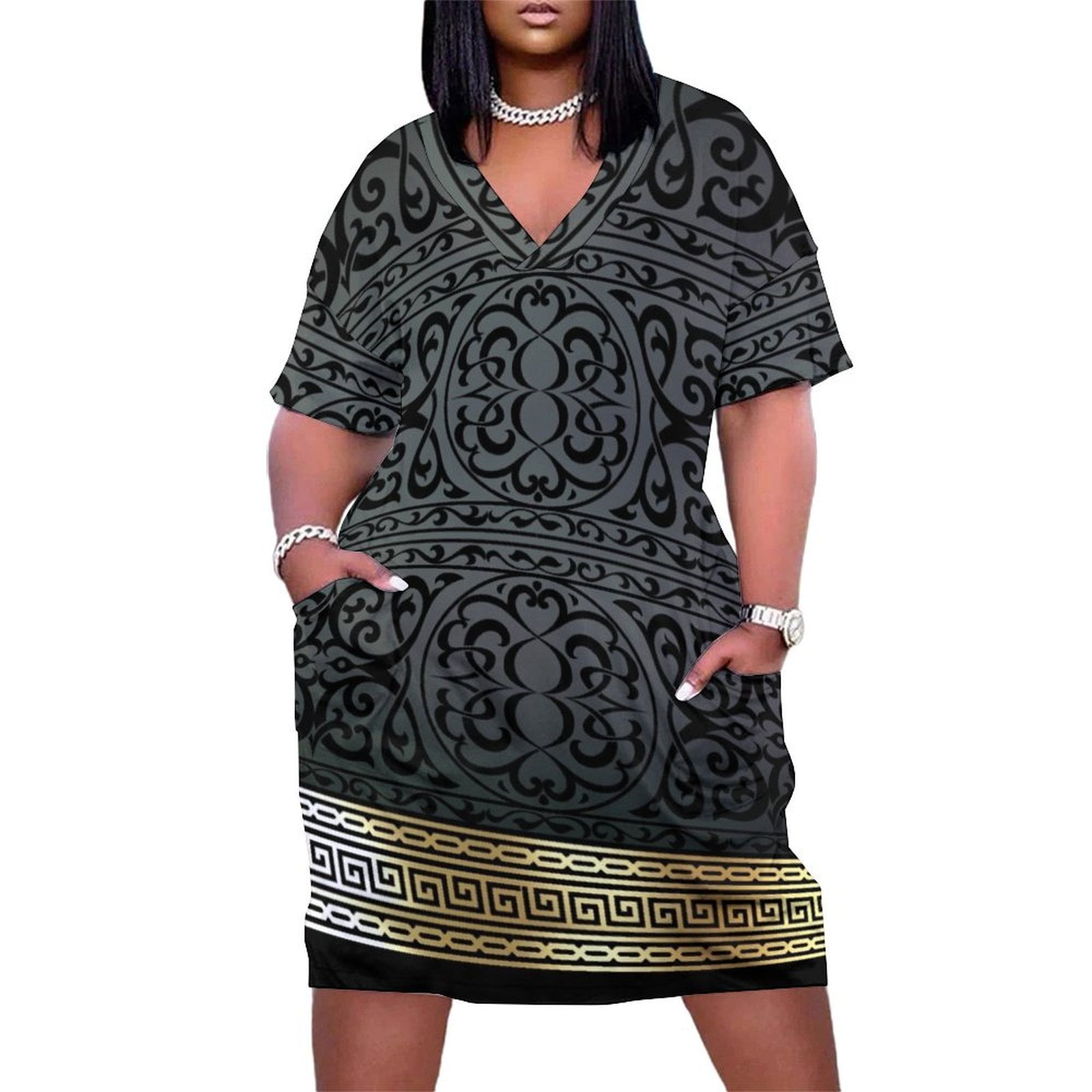 Greek Key Ornate Black & Gold Loose Pocket Dress women evening dress ...