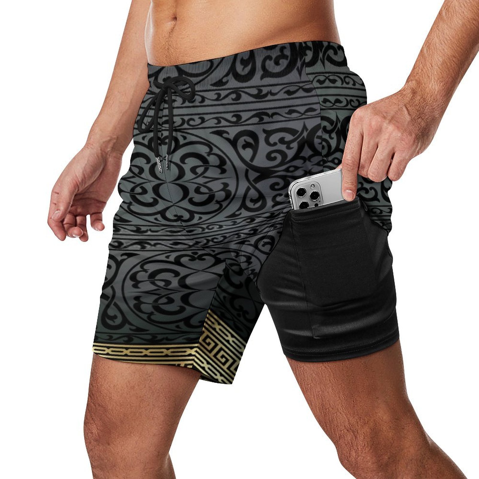 Greek Key Ornate Black & Gold Quick Dry Swimming Shorts For Men ...