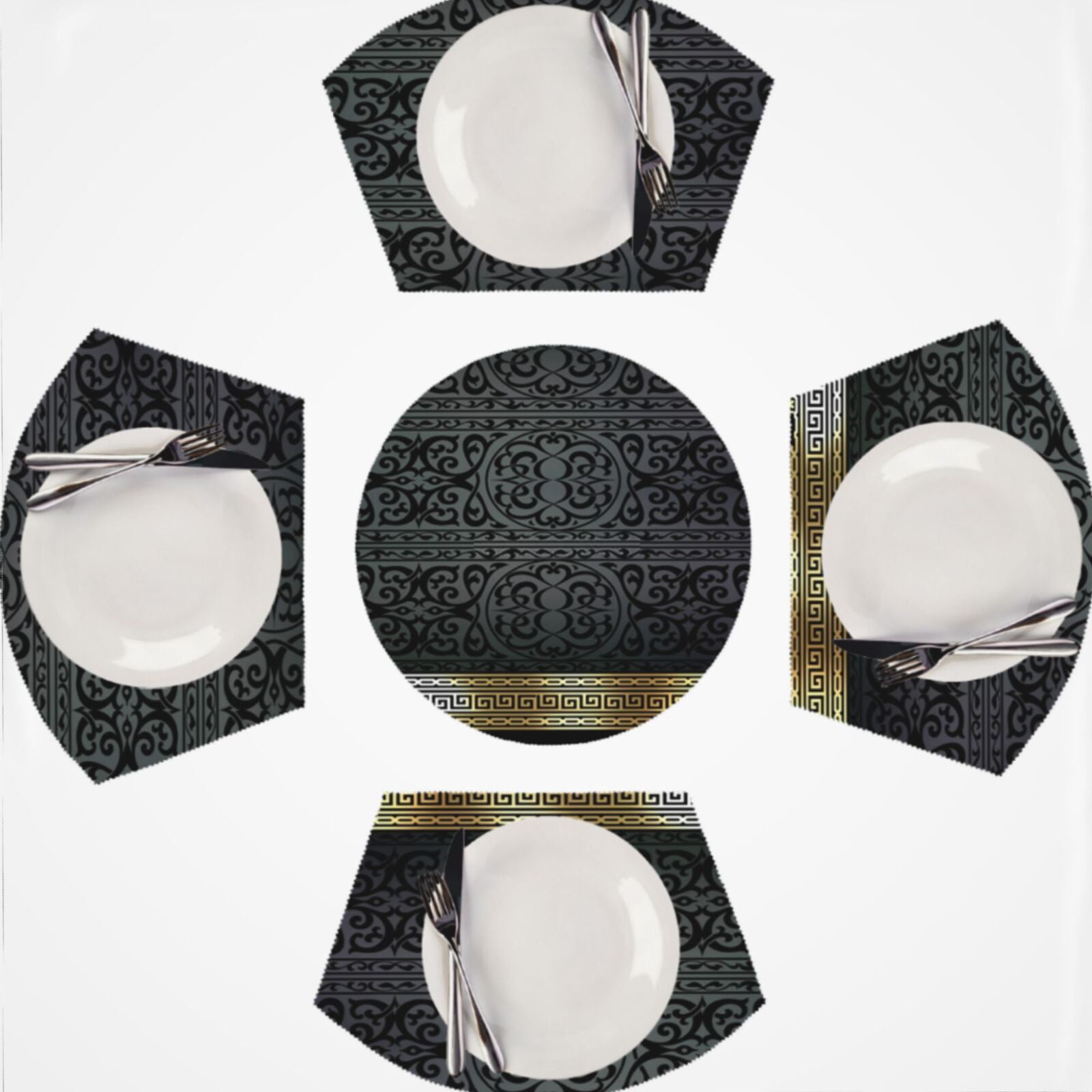 Greek Key Ornate Black & Gold Round Table Placemats Set Of 5 Wedge ...