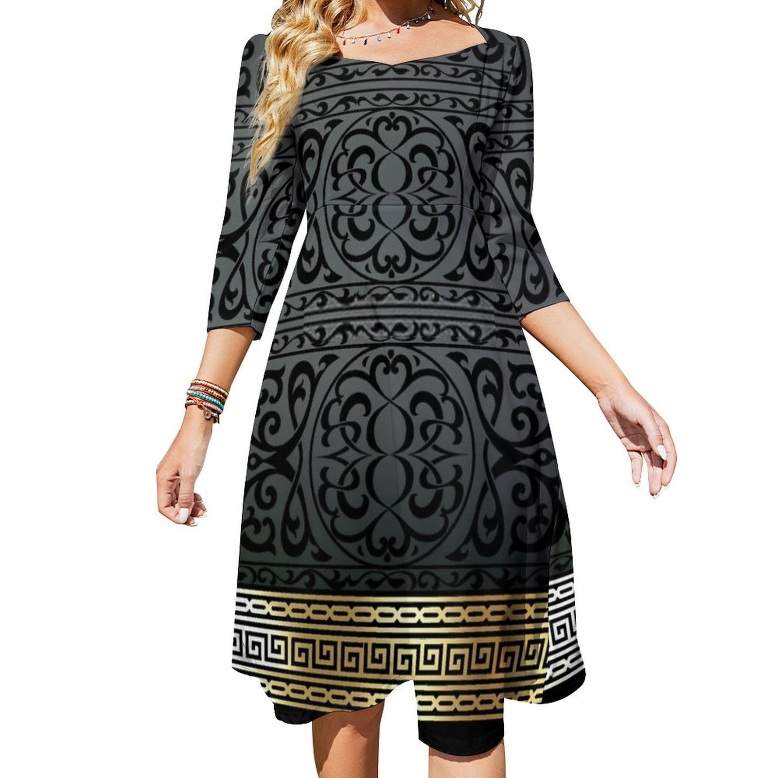 Greek Key Ornate Black & Gold Sweetheart Knot Flared Dress Fashion ...