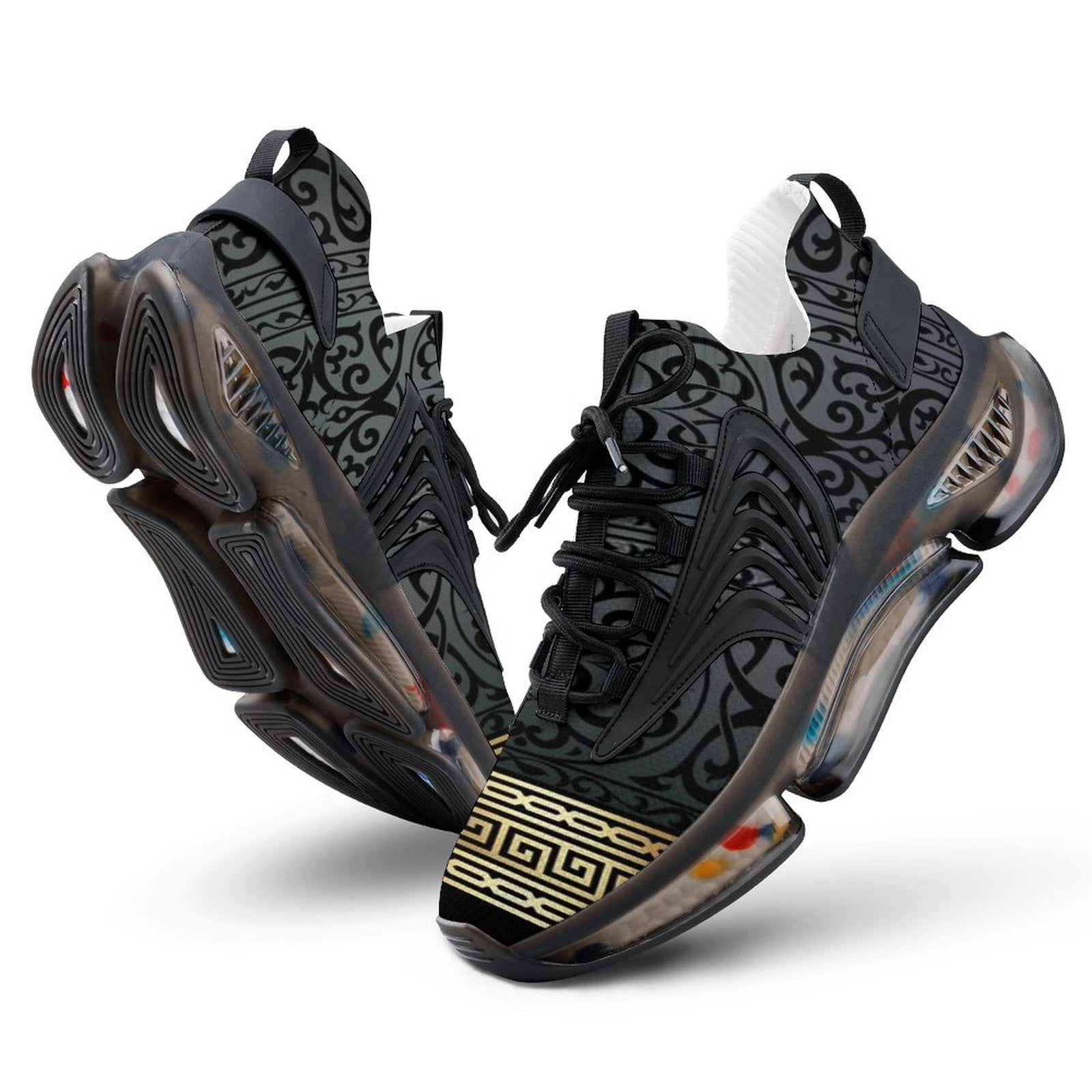 Greek Key Ornate Black & Gold Walking Shoes for Men Woman Lightweight ...