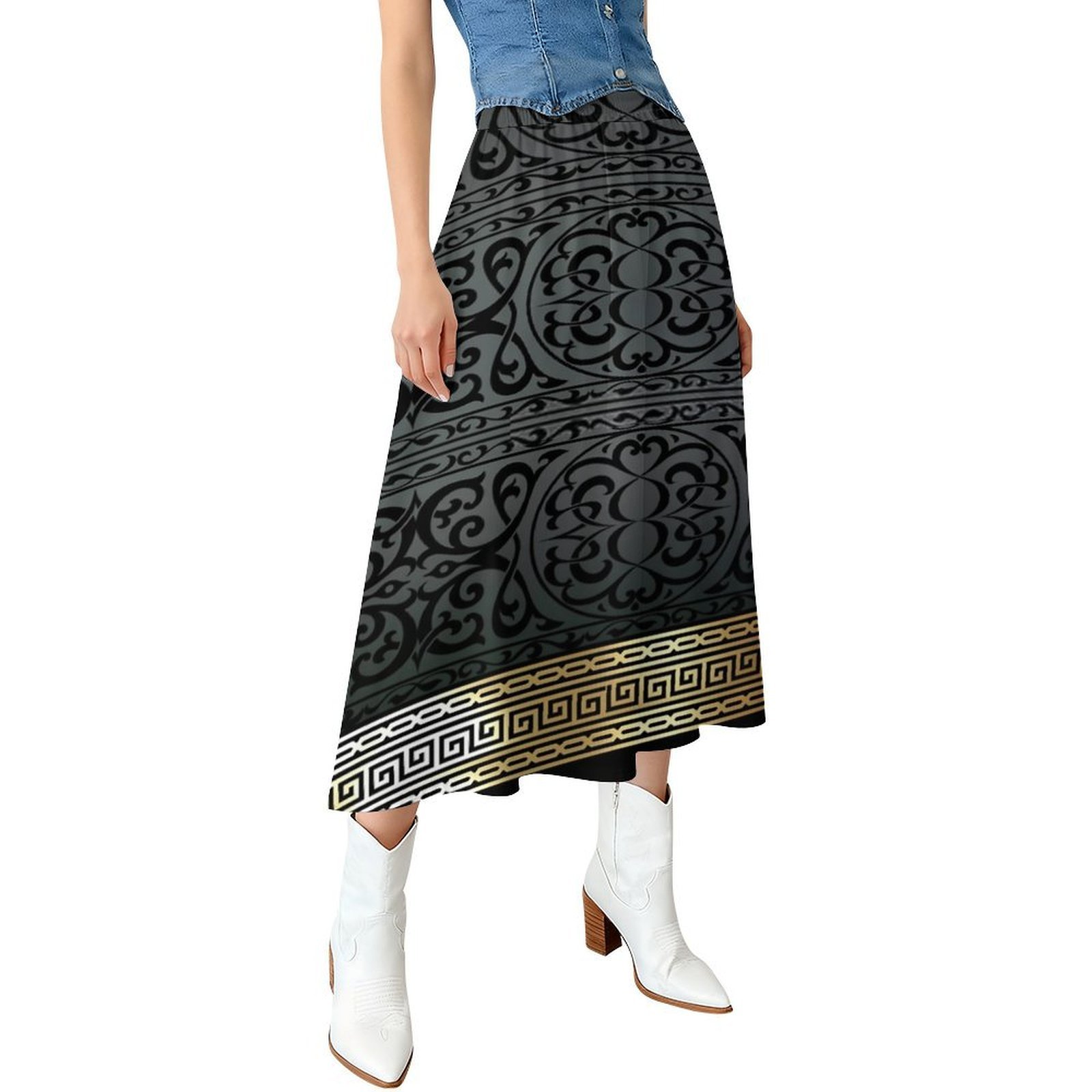 Greek Key Ornate Black & Gold Women High Waist Midi Skirt Elegant Midi ...