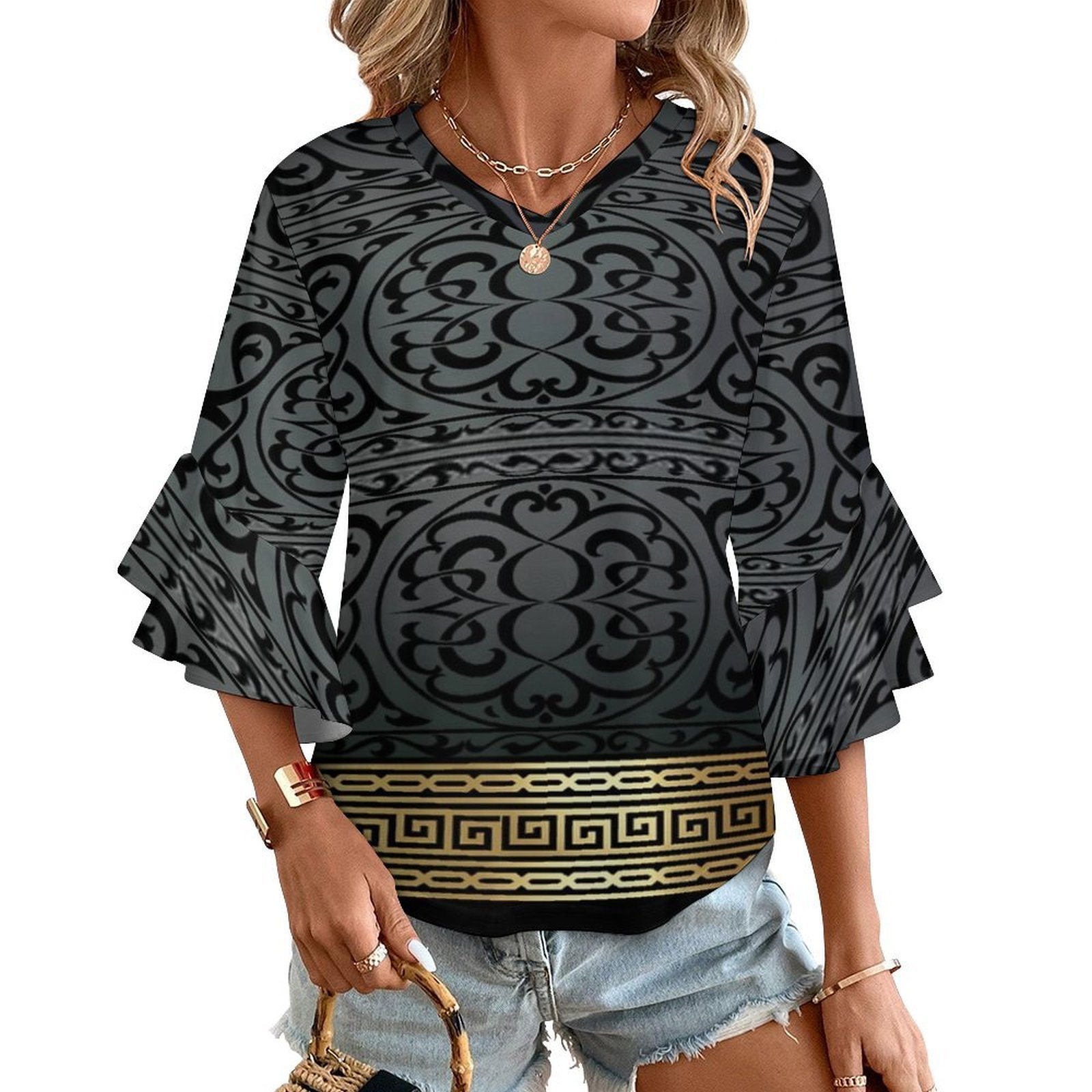 Greek Key Ornate Black & Gold Women's V-Neck Blouse With 3/4 Ruffled ...
